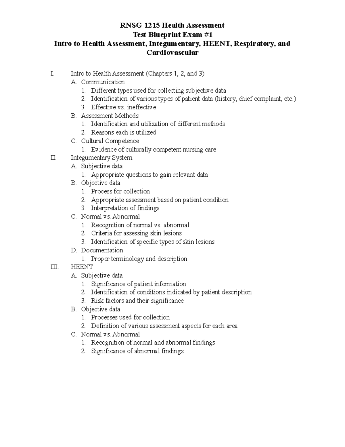 Exam 1 Blueprint - Exam Bluprint - RNSG 1215 Health Assessment Test ...