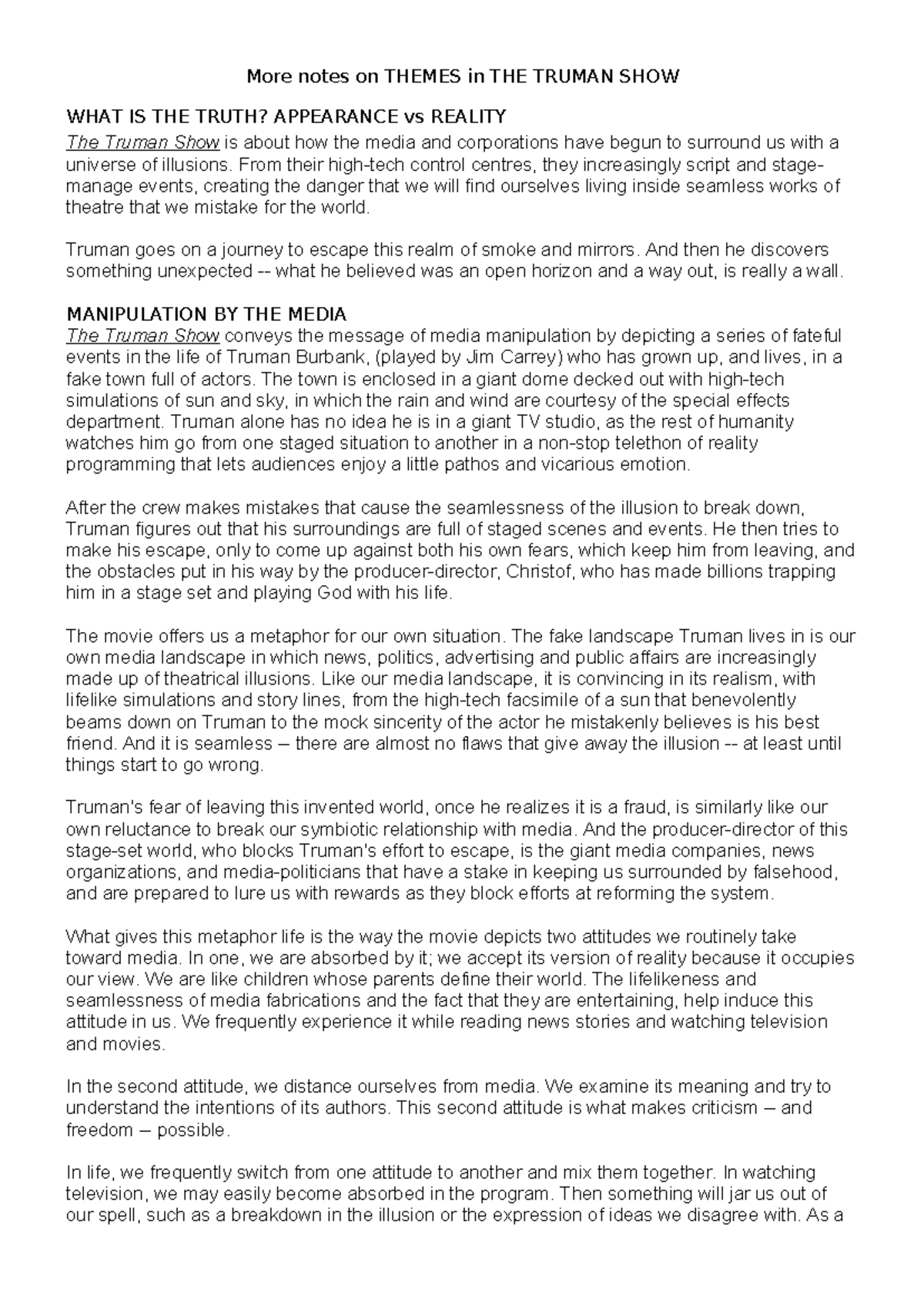 Themesnotes tts - Themes notes The Truman Show - More notes on THEMES ...