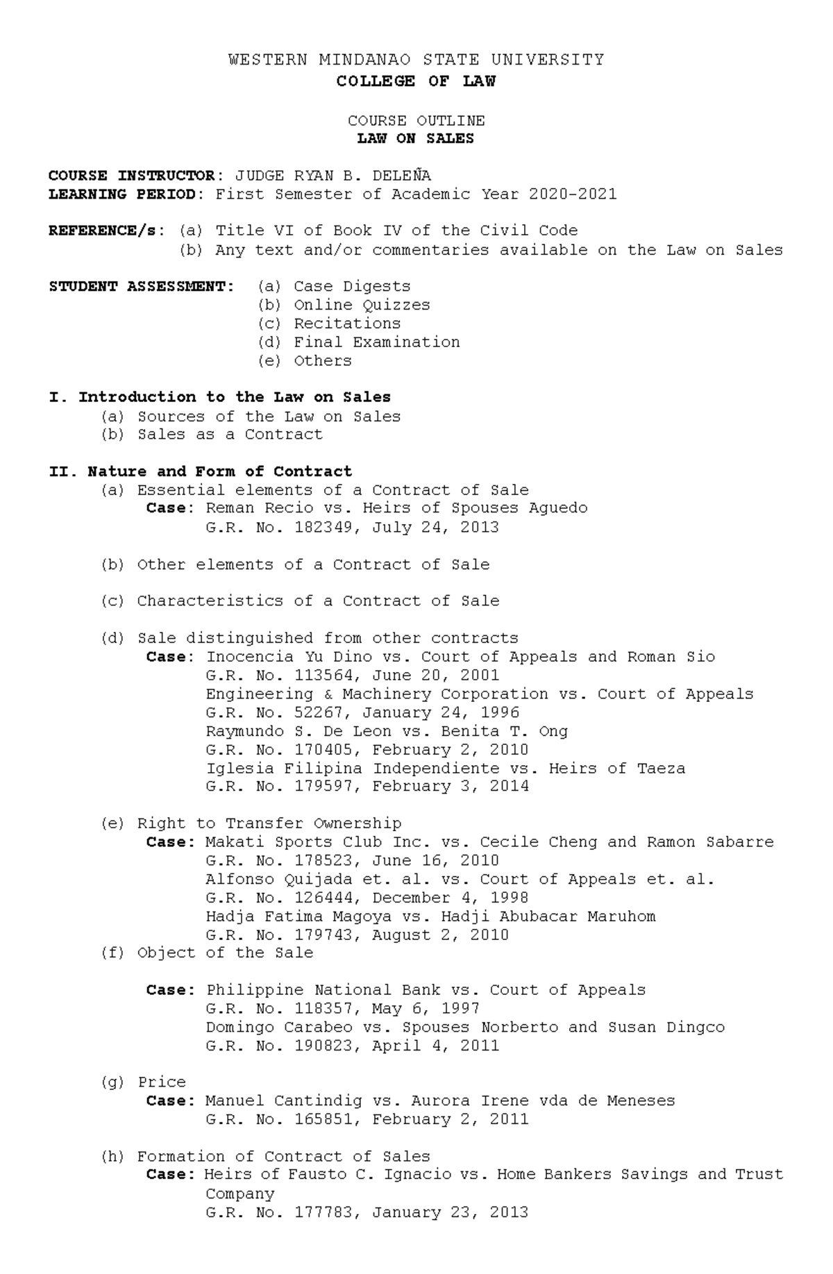 Course Outline Law on Sales - WESTERN MINDANAO STATE UNIVERSITY COLLEGE ...
