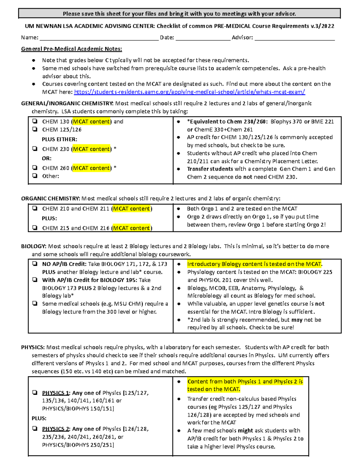 Pre-Medical Course Checklist - Please save this sheet for your files ...