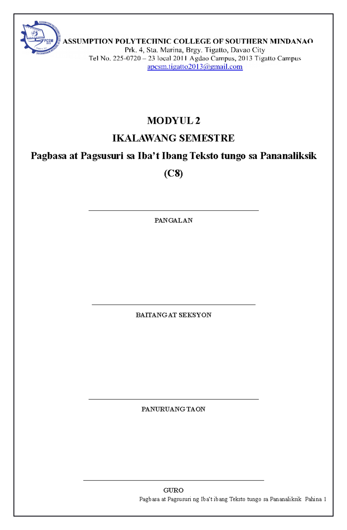 Pagbasa AT Pagsusuri- Modyul 2 Q 4 - MODYUL 2 IKALAWANG SEMESTRE ...