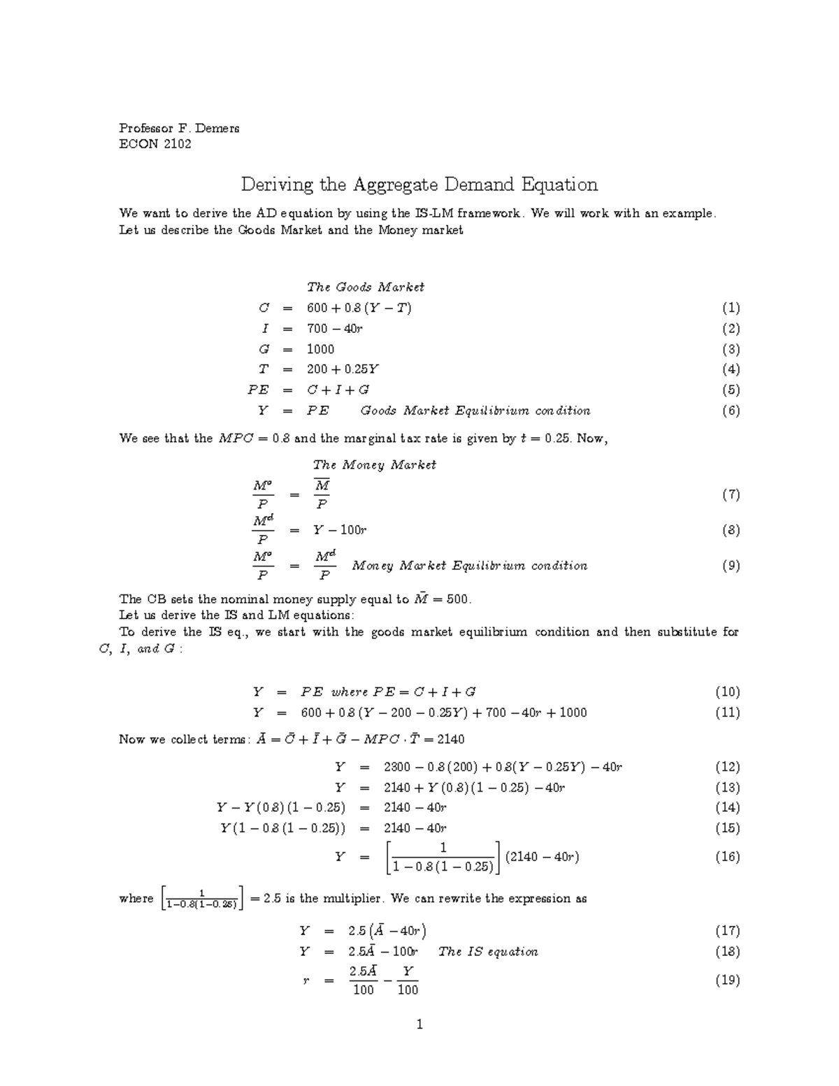 Deriving the AD equation rev Nov 20 2023 - Professor F. Demers ECON ...