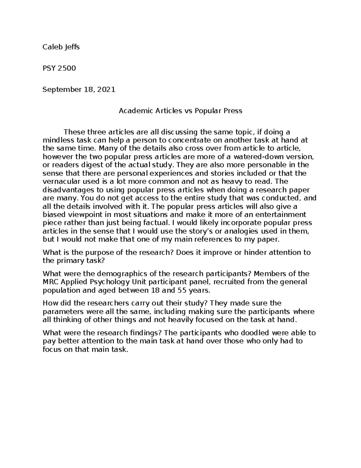 Academic Articles vs Popular Press - Caleb Jeffs PSY 2500 September 18 ...