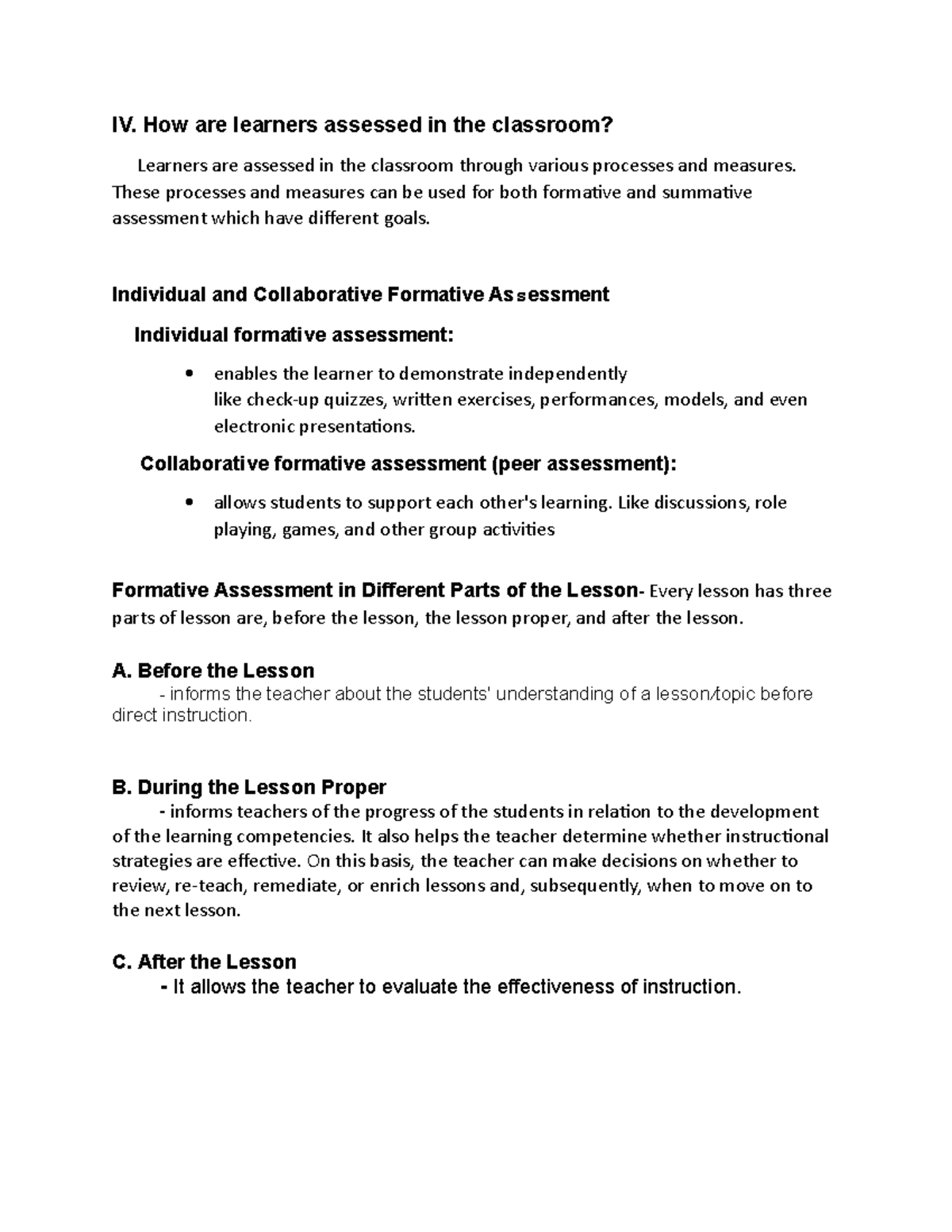 Assessment Summary of Lesson IV and VI - IV. How are learners assessed ...