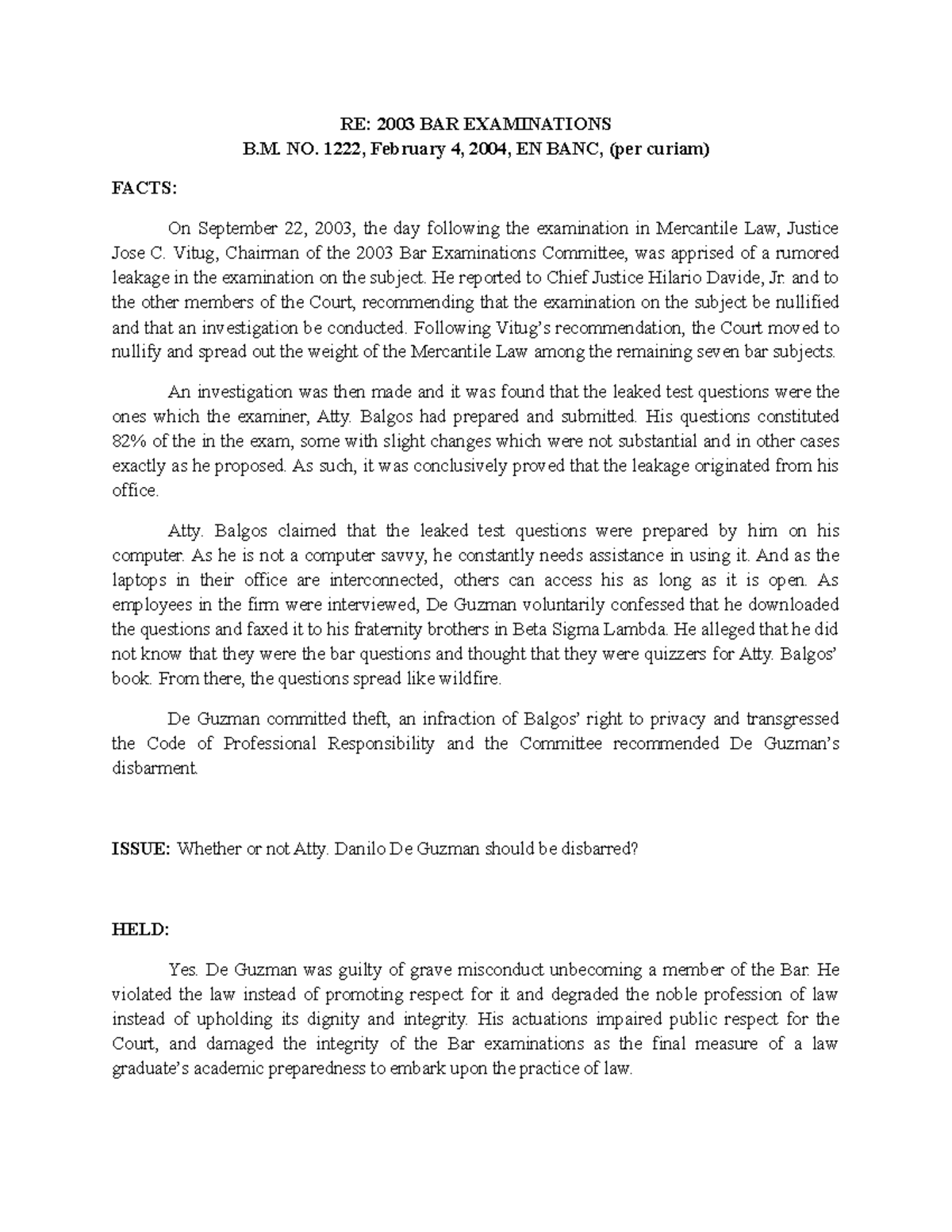 372731556 Re 2003 Bar Examinations - RE: 2003 BAR EXAMINATIONS B. NO ...