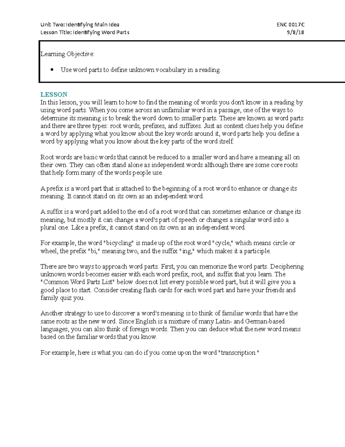 Identifying Word Parts - LESSON In this lesson, you will learn to how ...