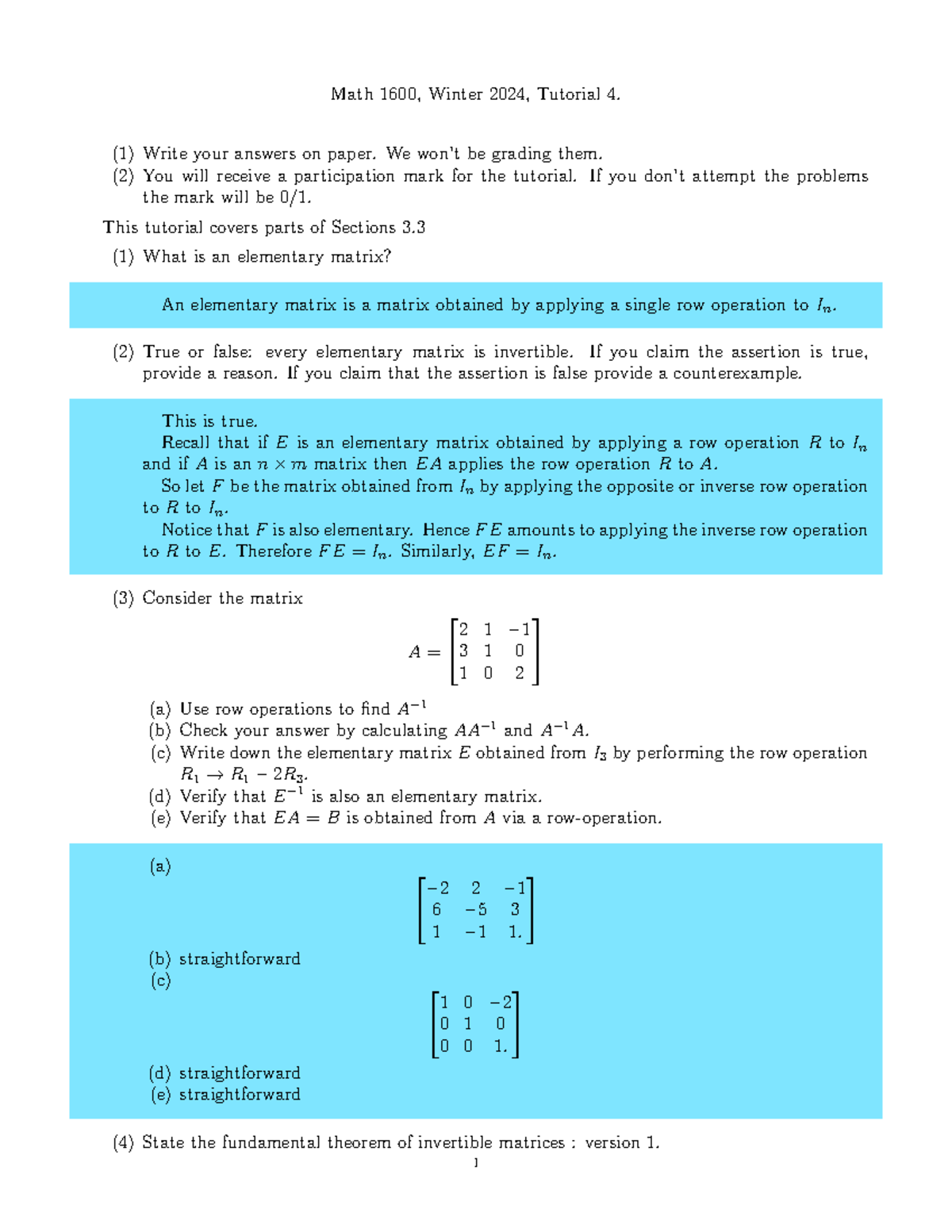 Tutorial 4 Solutions Math 1600 Winter 2024 Tutorial 4 1 Write Your Answers On Paper We