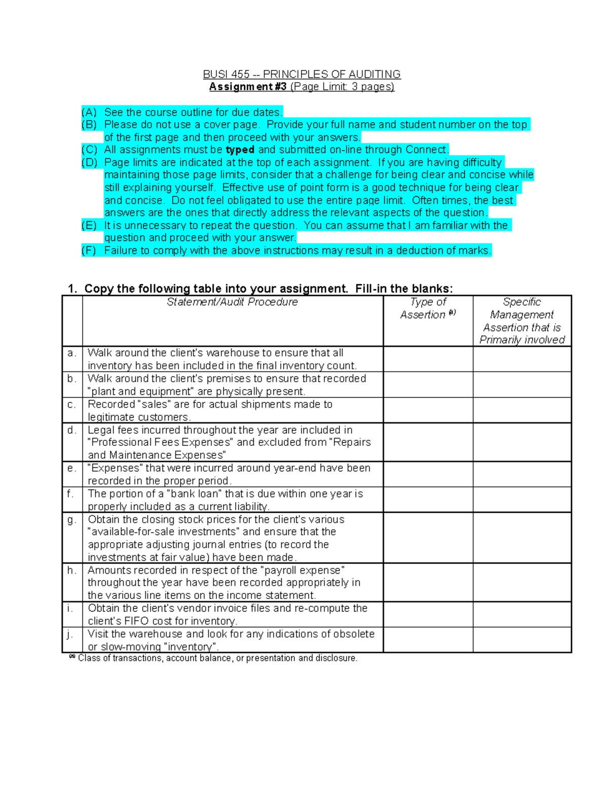 Assignment 3 - Question - BUSI 455 PRINCIPLES OF AUDITING Assignment ...