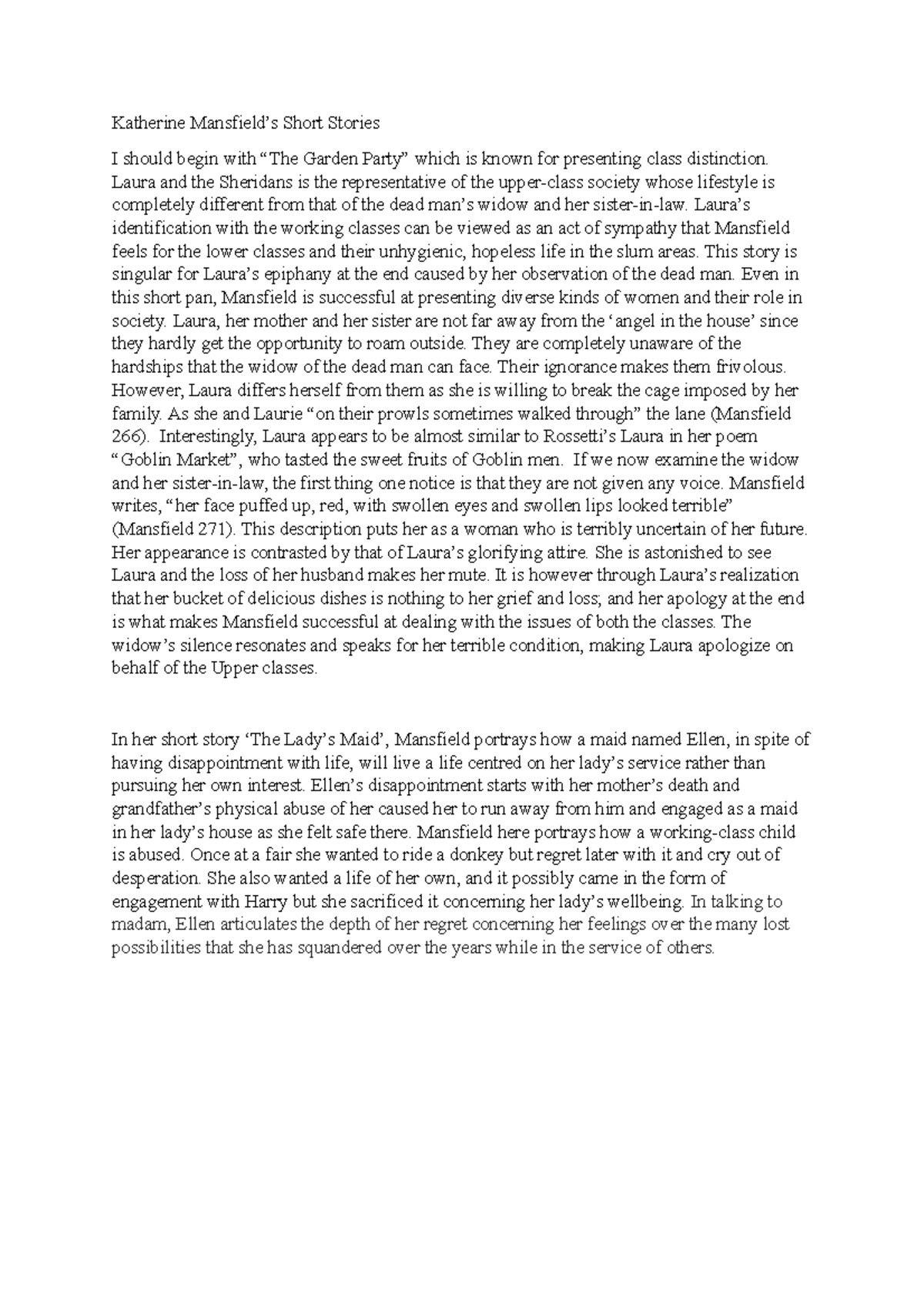 Katherine Mansfield - Laura and the Sheridans is the representative of ...