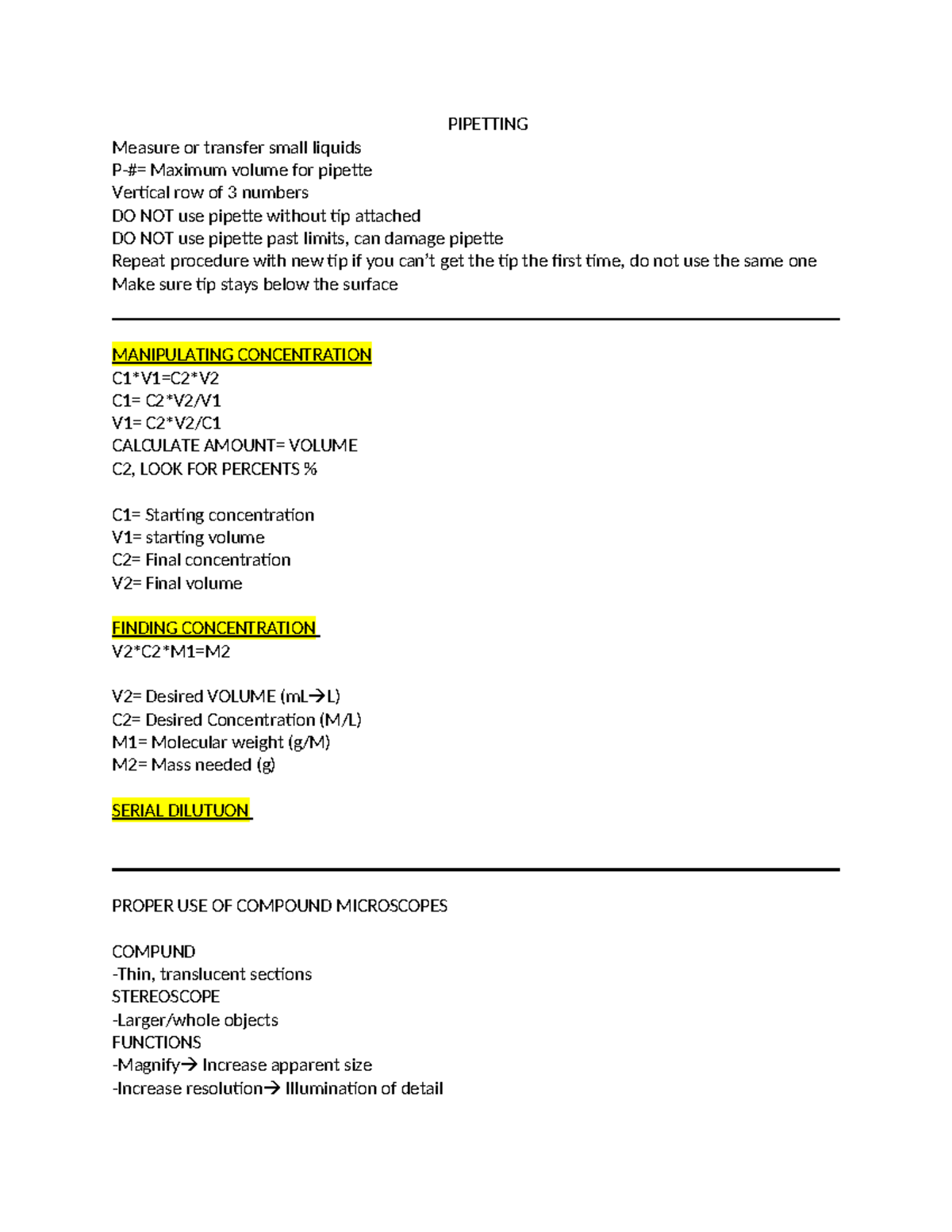 BIO LAB Notes; WEEK 3-4 - PIPETTING Measure or transfer small liquids P ...