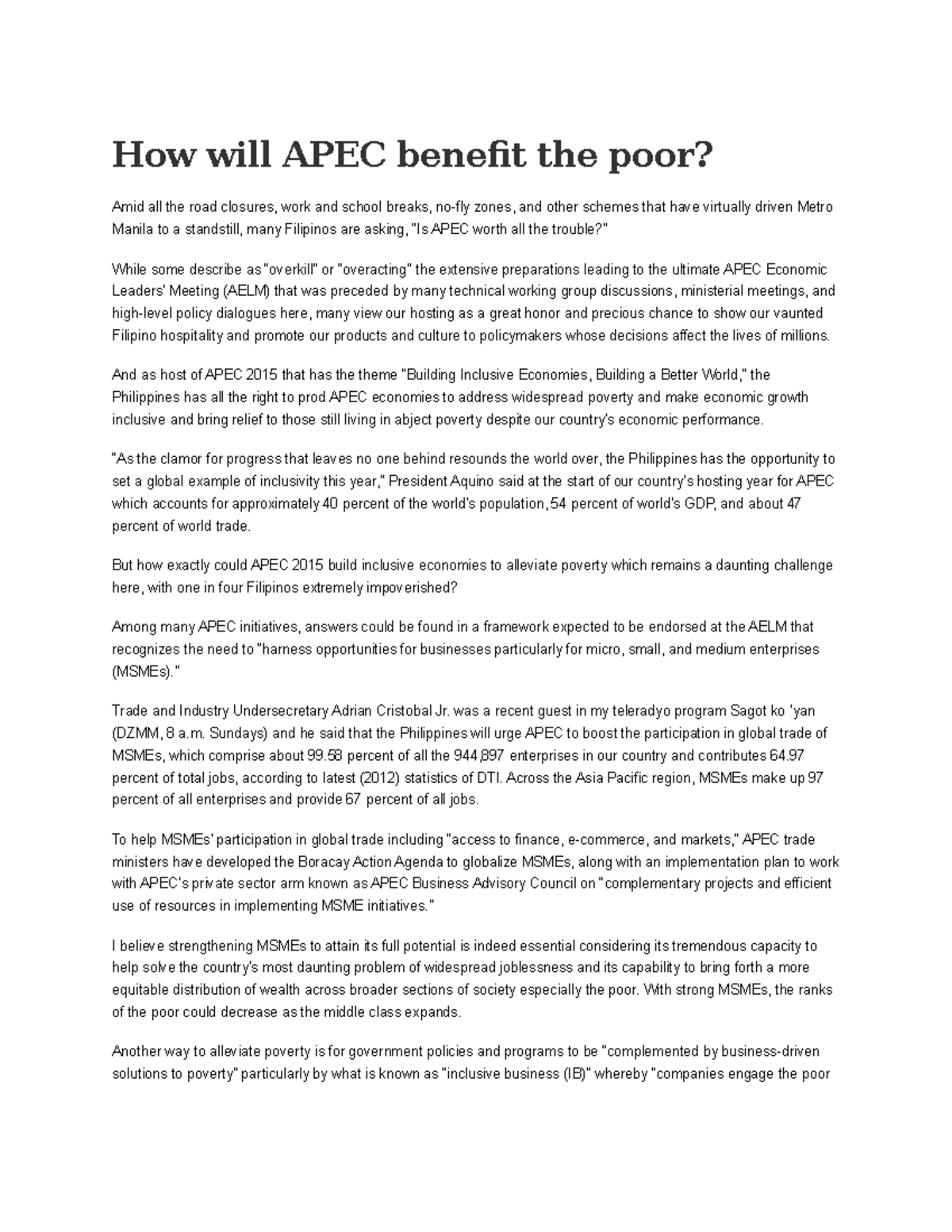How will APEC benefit the poor - And as host of APEC 2015 that has the ...