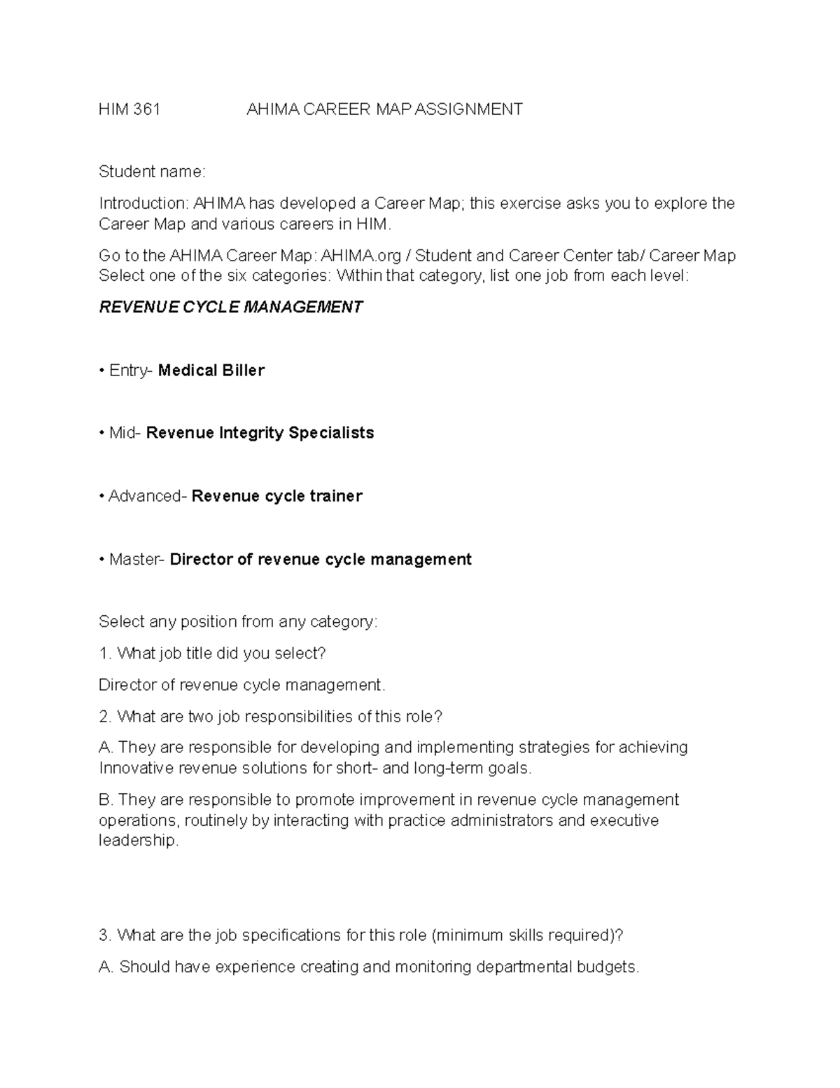 HIM 361 Ahima Career MAP Assignment - HIM 361 AHIMA CAREER MAP ...