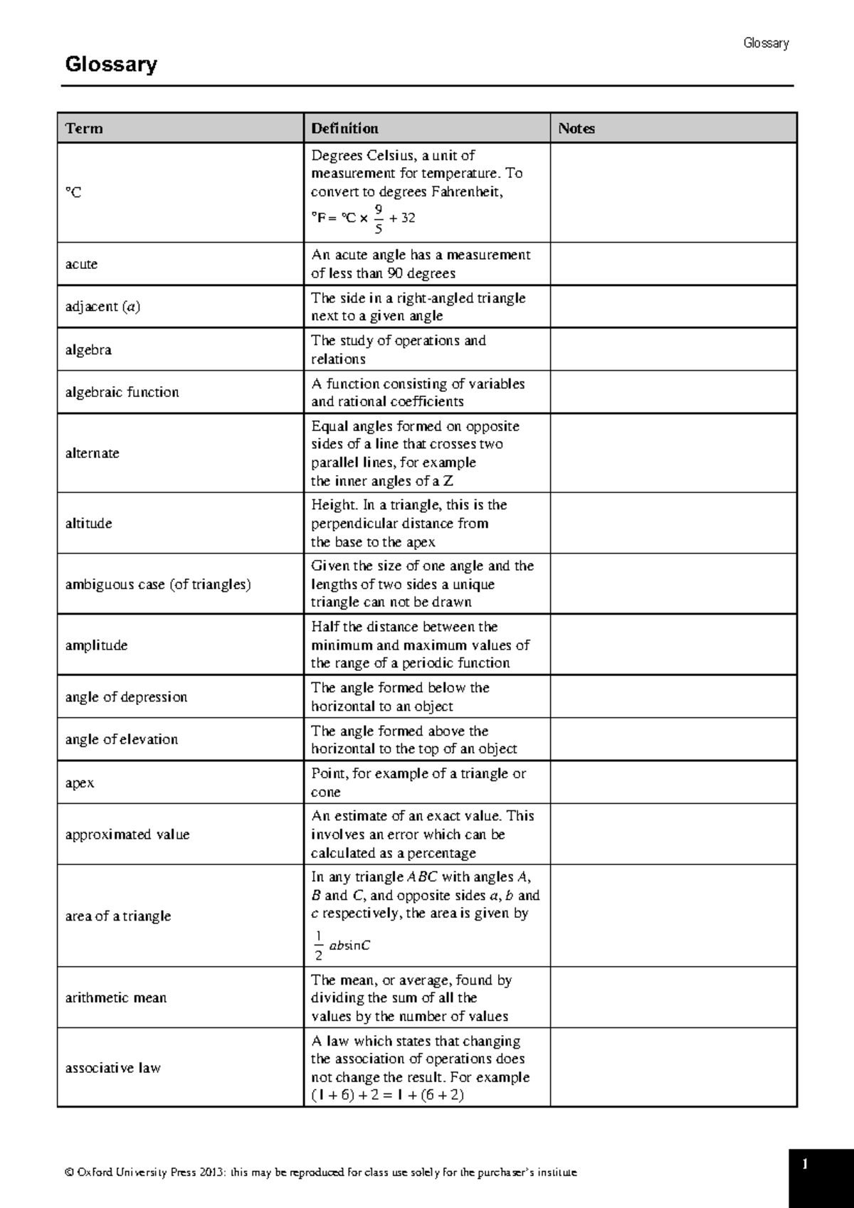 0607 glossary - MATH - 1 Glossary Term Definition Notes °C Degrees ...