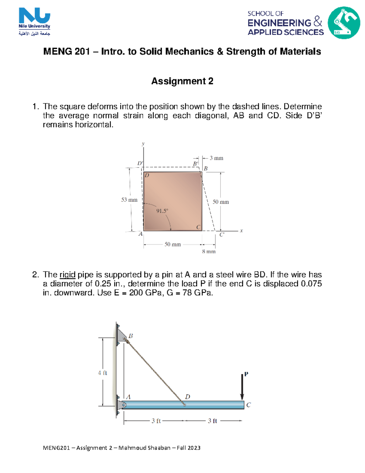 Assignment 2 - MENG 201 – Intro. to Solid Mechanics & Strength of ...