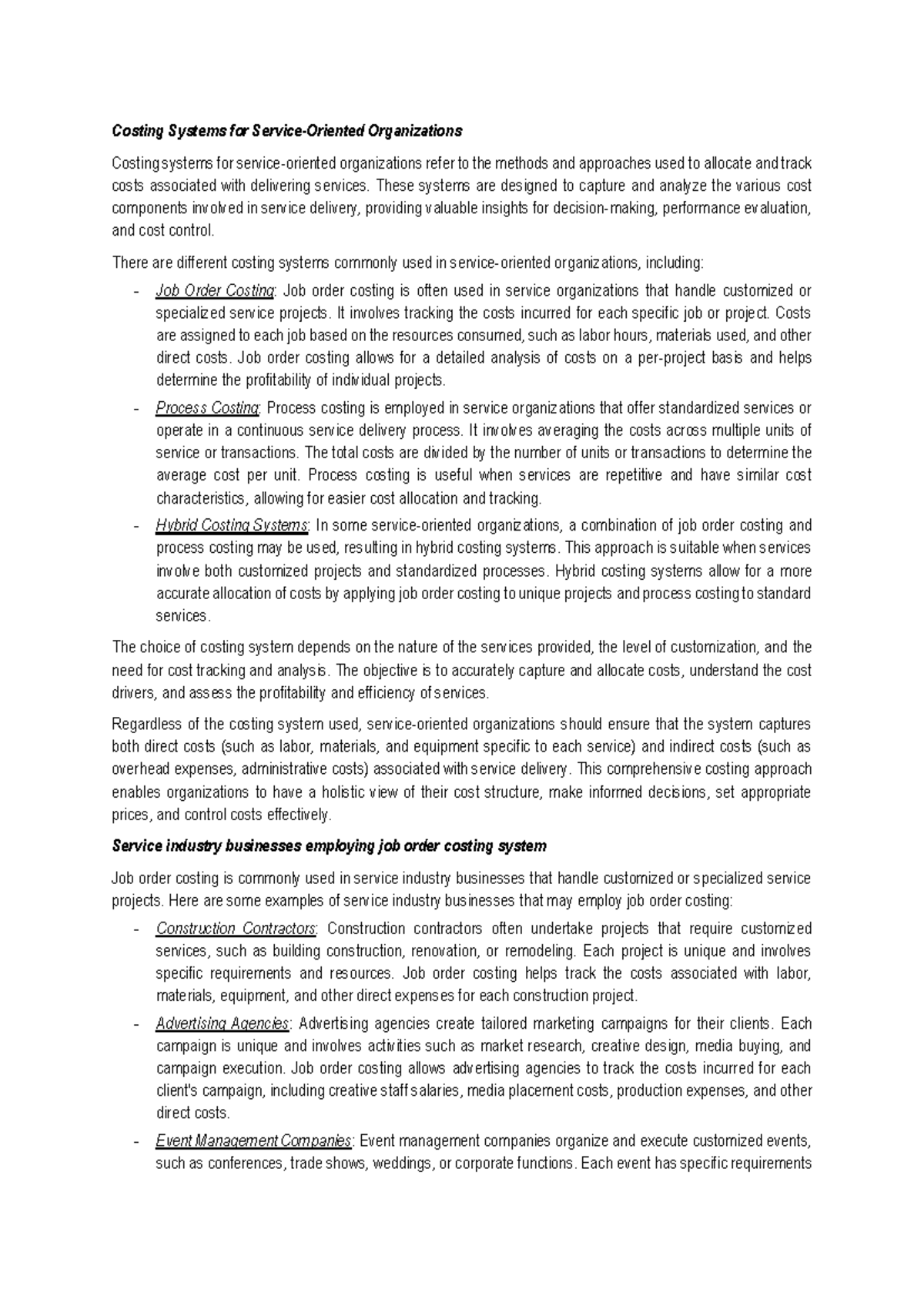 Costing systems for service-oriented organizations - Costing Systems ...