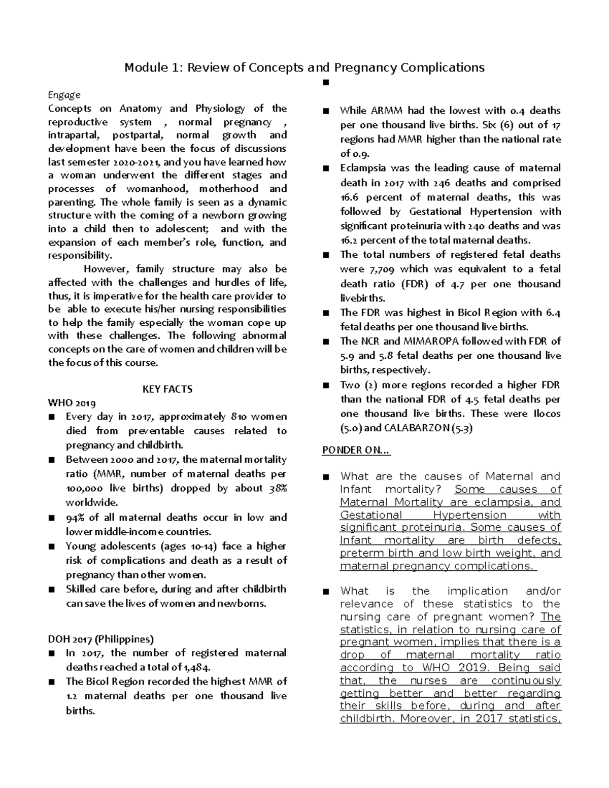 Module 1 - Review of Concepts and Pregnancy Complications - Module 1 ...