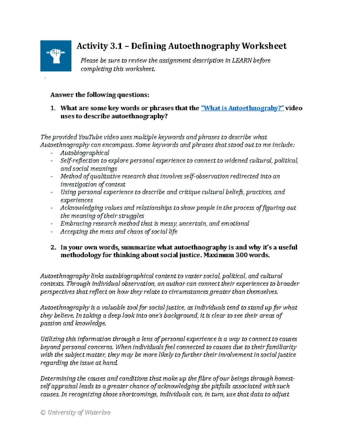 Arts 130 activity 3.1 worksheet - Activity 3 – Defining Autoethnography ...