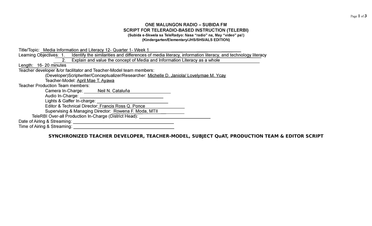 OMR Tele RBI Script MIL Q1LAS2 - Page 1 of 3 ONE MALUNGON RADIO ...