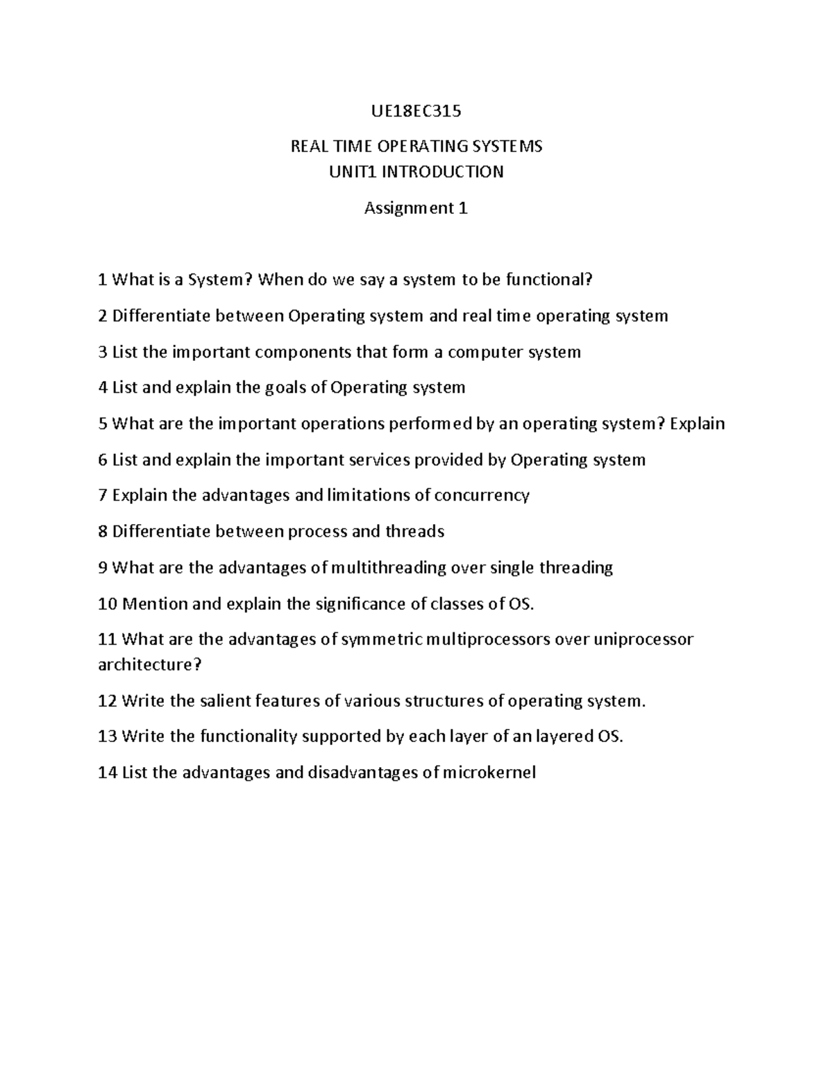 RTOS Unit1 Assignment - Prof. Pavitra - UE18EC REAL TIME OPERATING SYSTEMS UNIT1 INTRODUCTION ...