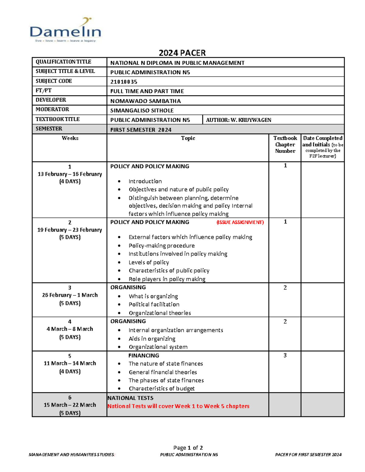 Public Administration N5 2024 - 2024 PACER Page 1 of 2 MANAGEMENT AND ...