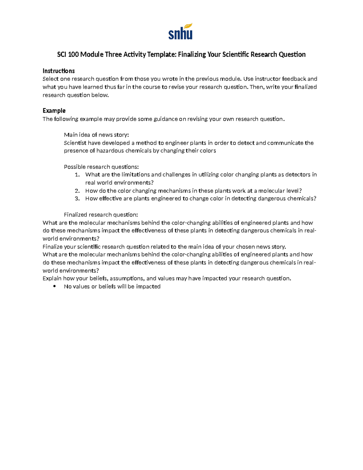 SCI 100 Module Three Activity Template done - Use instructor feedback ...