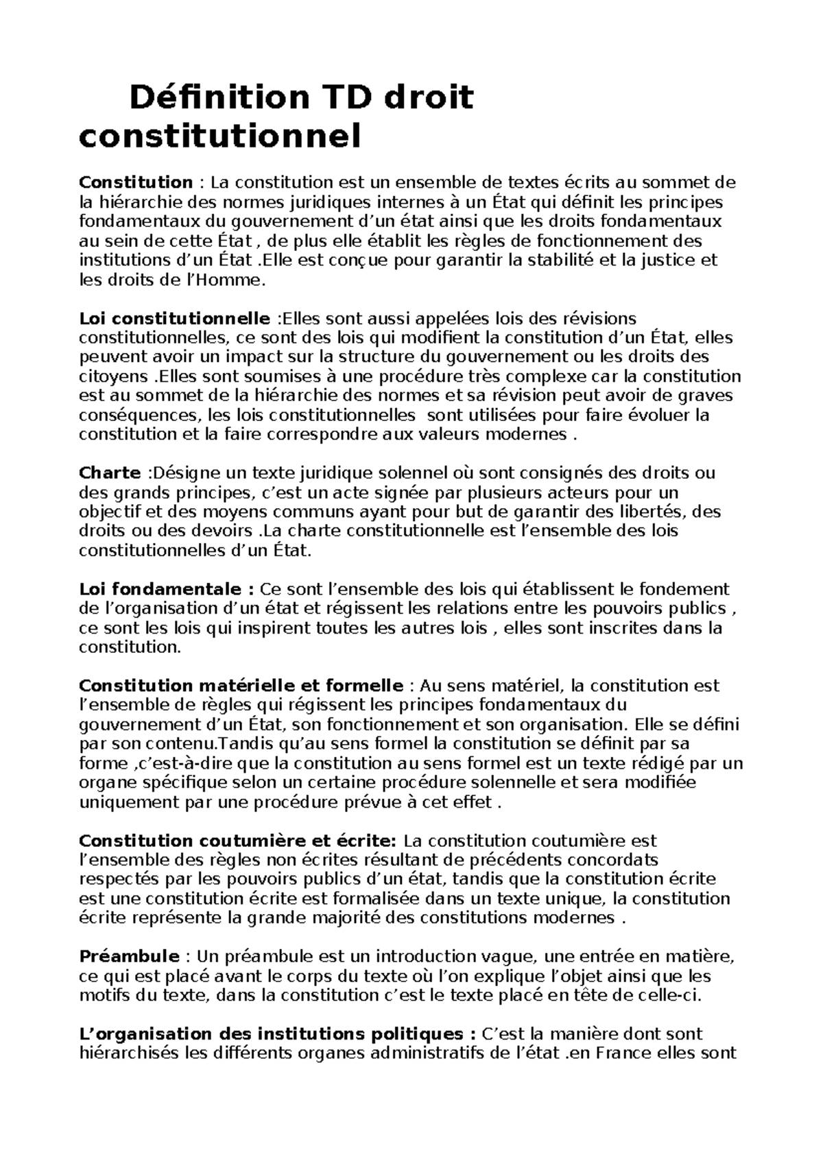 Definition droit constit L1 - Définition TD droit constitutionnel Constitution : La constitution ...
