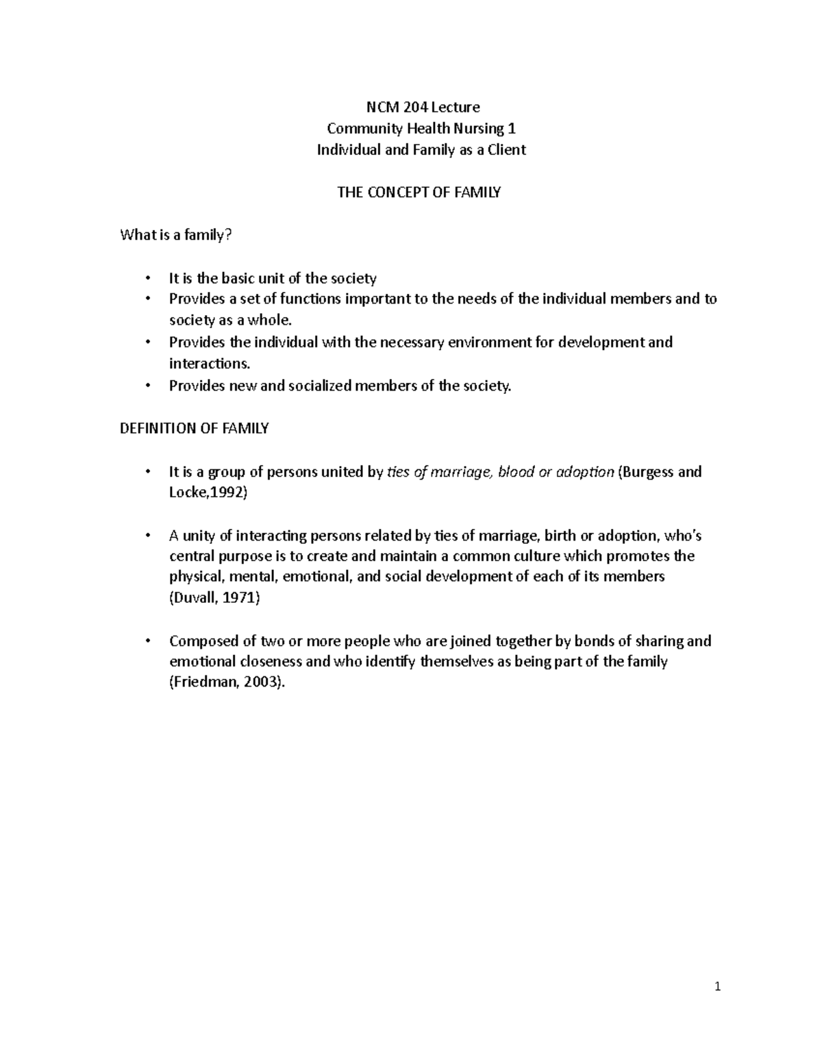 Concept OF Family - Lecture notes. - NCM 204 Lecture Community Health ...