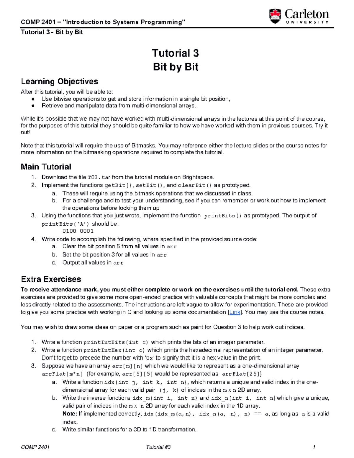 COMP 2401 - Tutorial 3 Specification - COMP 2401 − "Introduction to Systems Programming" - Studocu