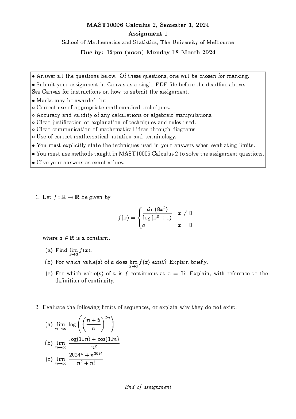 Assignment 1 - limits and continuity - MAST10006 Calculus 2, Semester 1 ...
