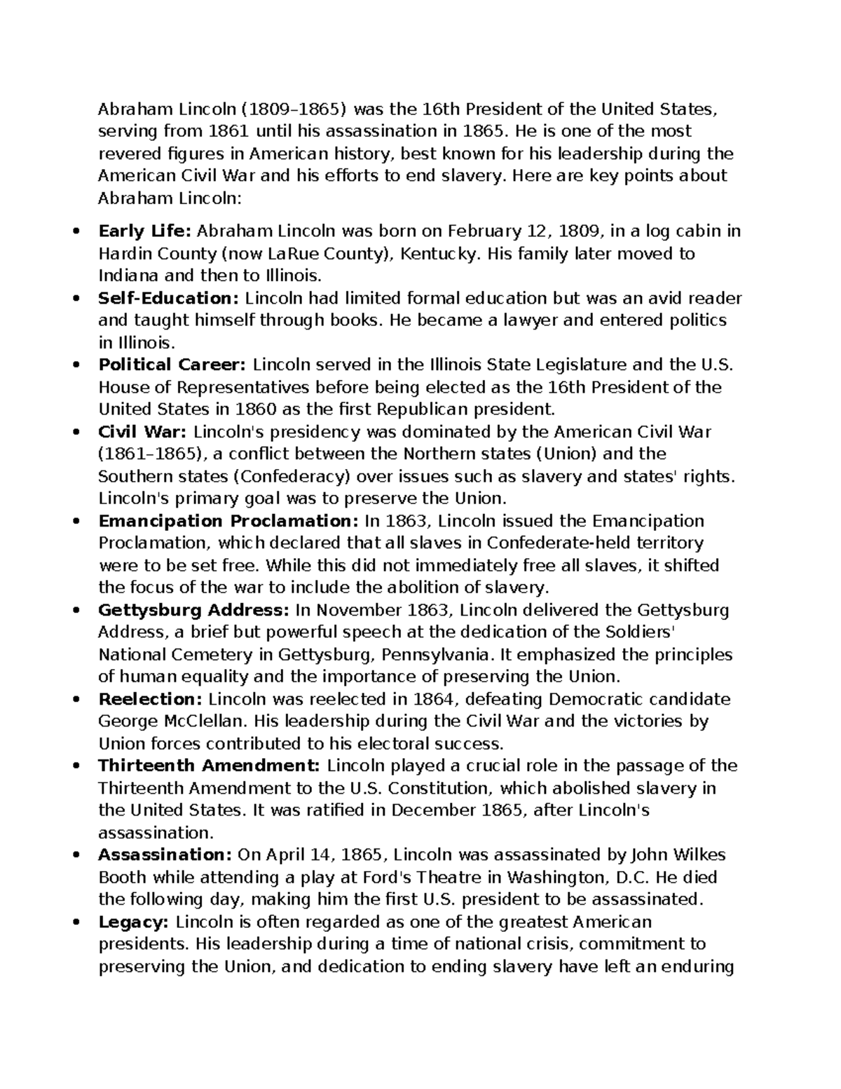 Abraham Lincoln - Notes. - Abraham Lincoln (1809–1865) was the 16th ...