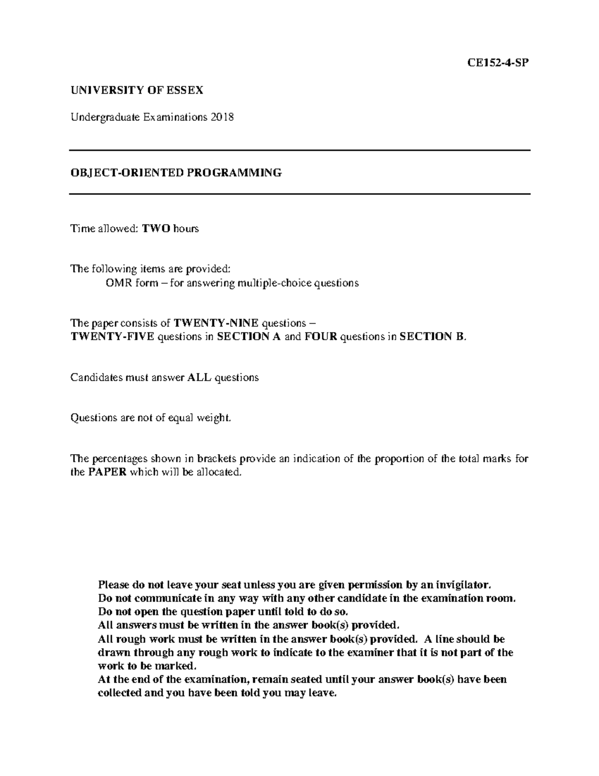 Exam 9 June 2018, questions - CE152-4-SP UNIVERSITY OF ESSEX ...