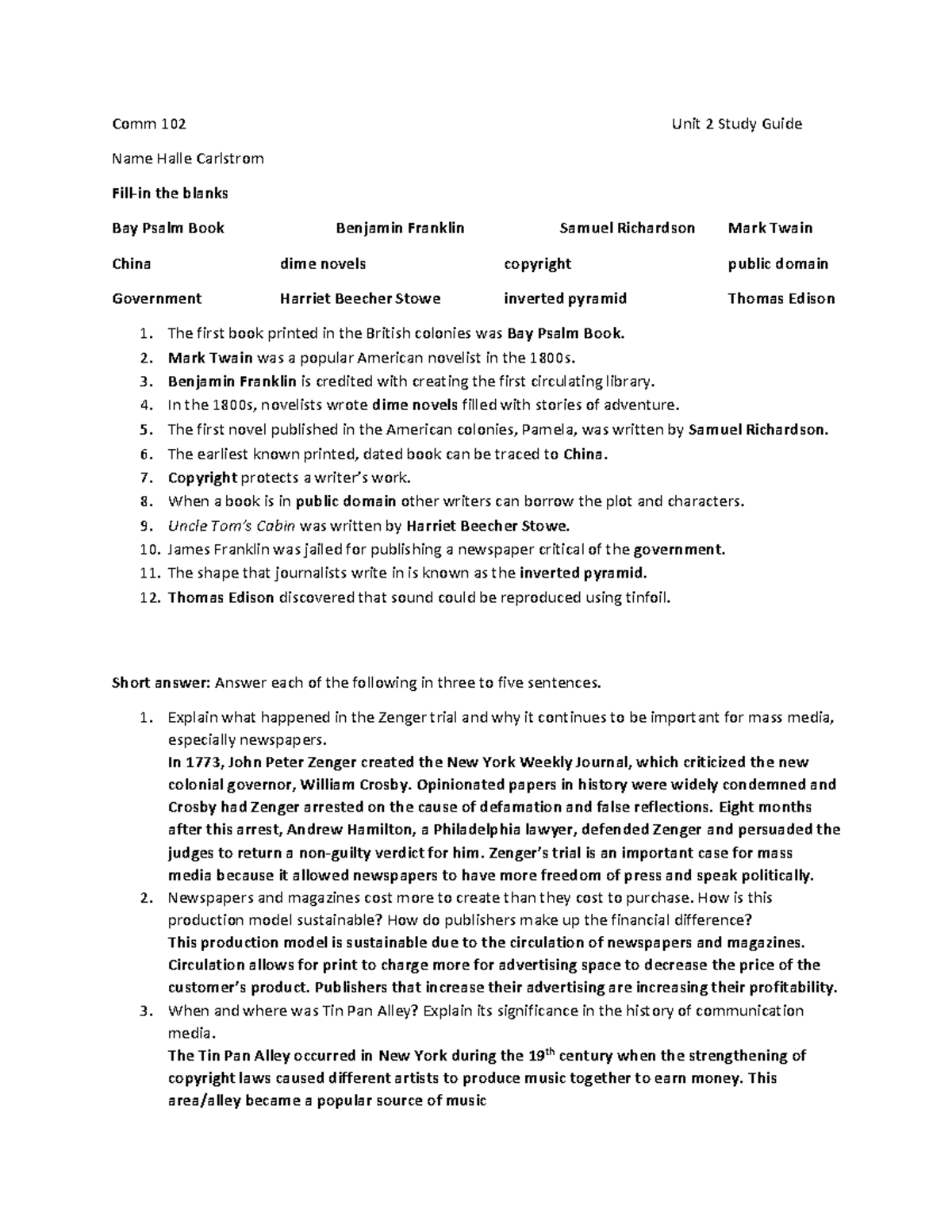 Unit2Study Guide - Comm 102 Unit 2 Study Guide Name Halle Carlstrom ...