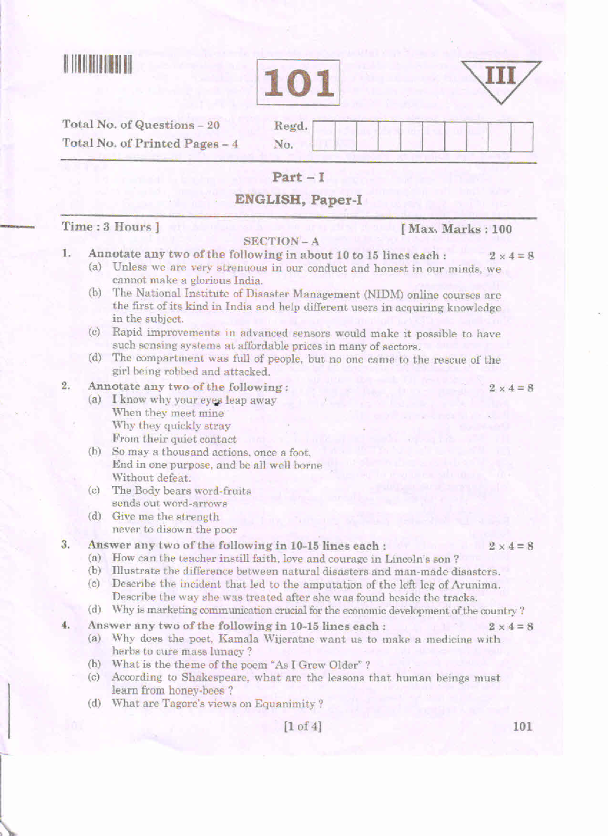 English I - NICE - 101 Total No. of Questions 20 Regd. Total No. of ...