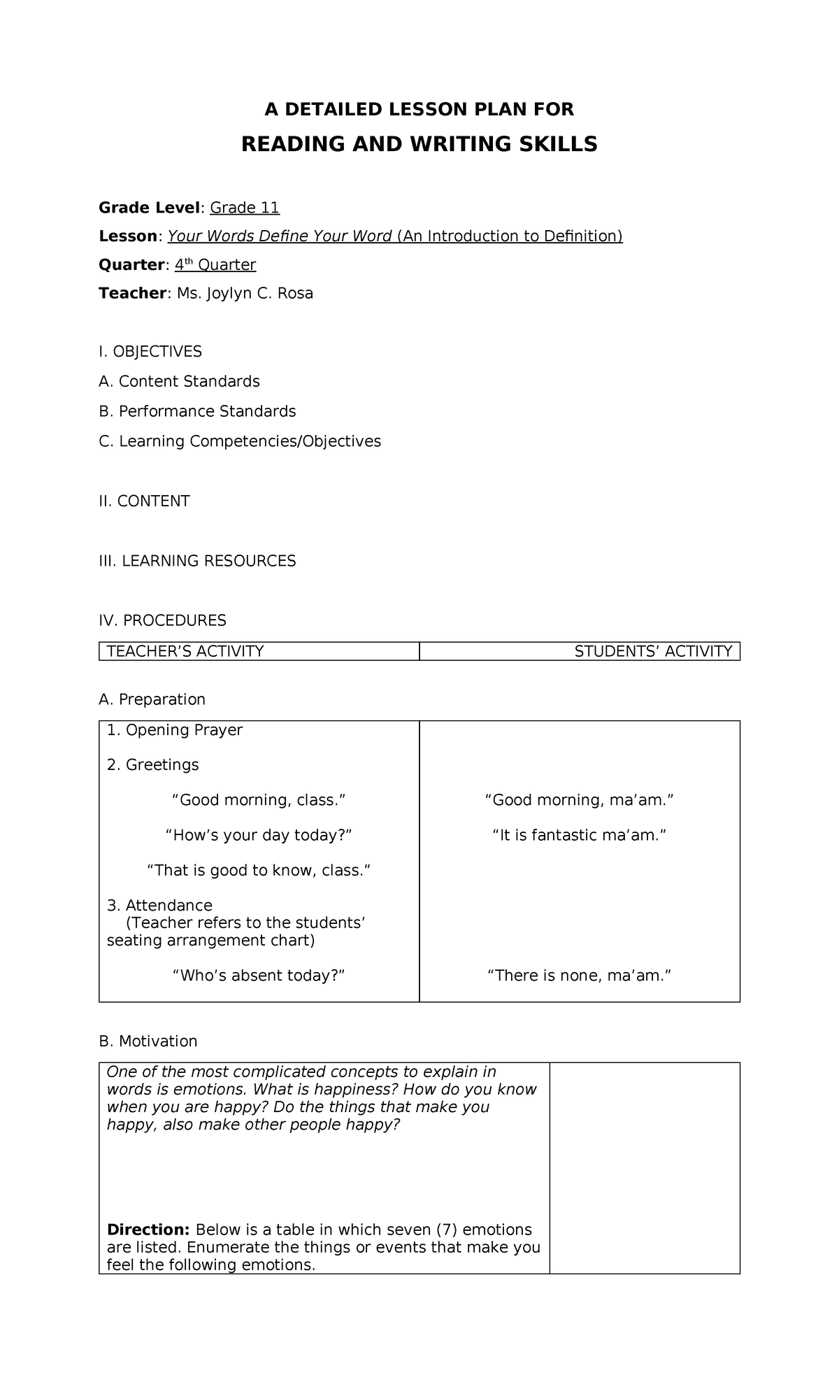 A Detailed Lesson PLAN FOR - A DETAILED LESSON PLAN FOR READING AND ...