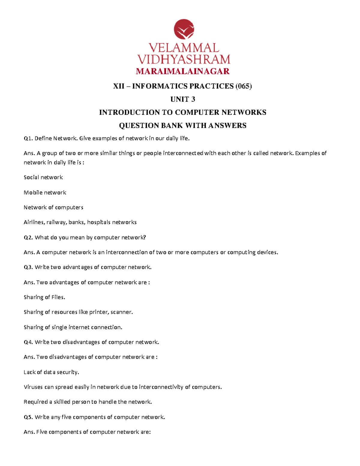 IP Introduction TO Computer Networks QB - MARAIMALAINAGAR XII ...