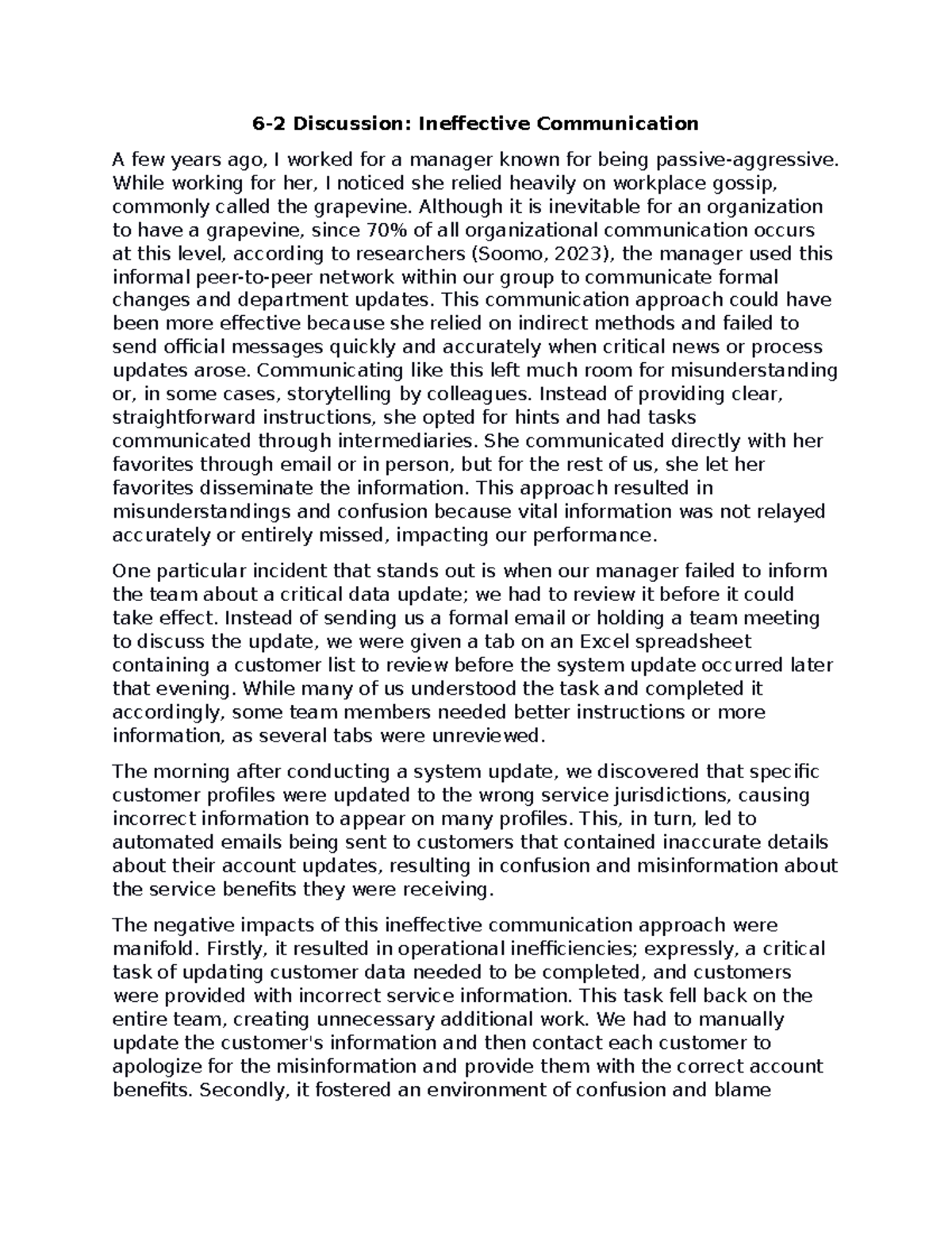 BUS 210 Module 6 Discussion - 6-2 Discussion: Ineffective Communication ...