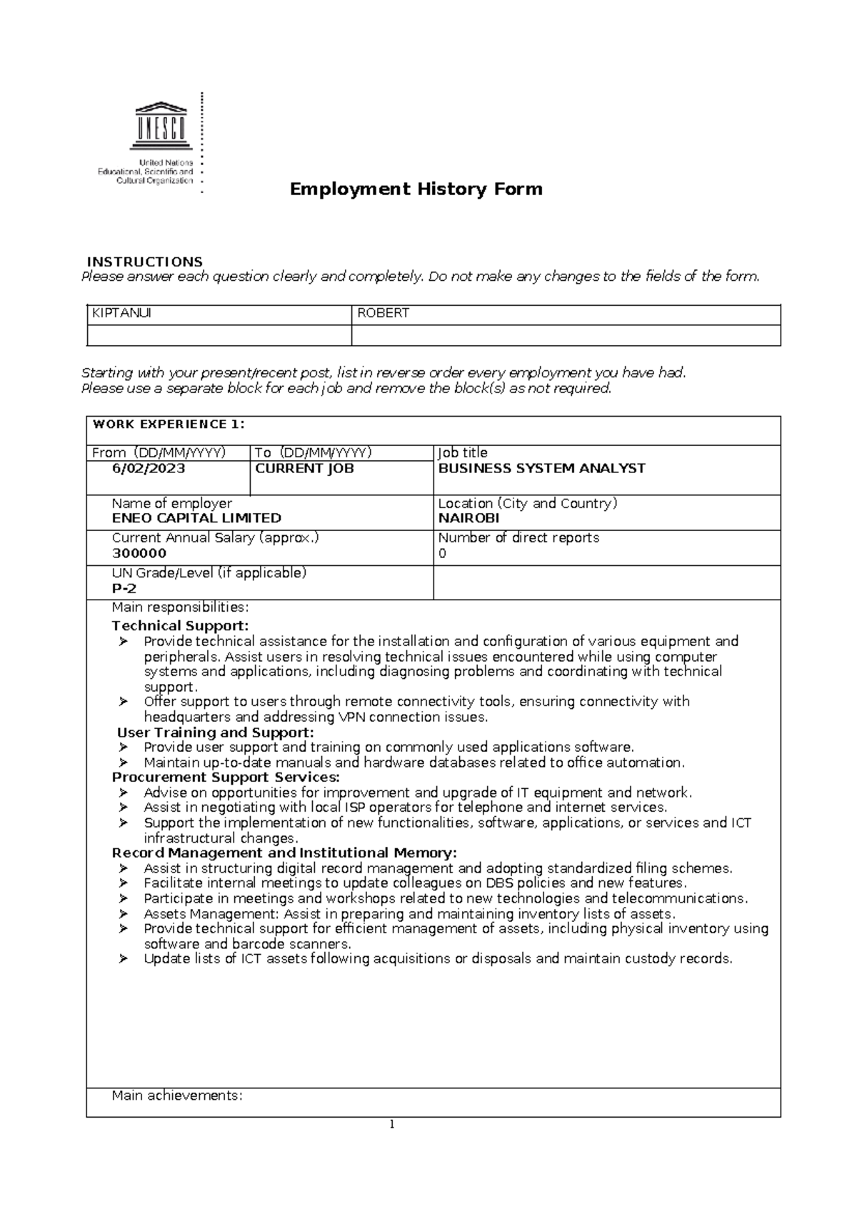 Unescoemployment History Form updated template final - Employment ...