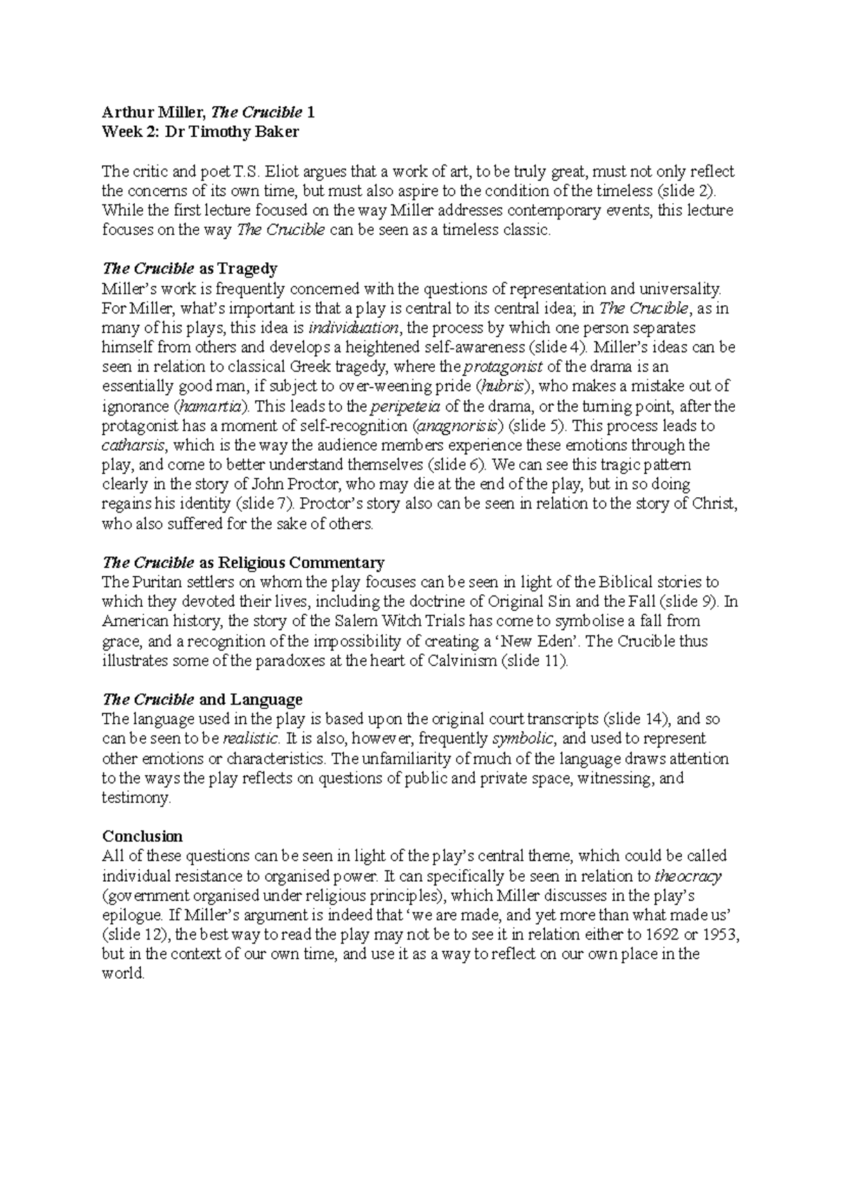 Lecture Summary The Crucible 2 - Arthur Miller, The Crucible 1 Week 2 ...