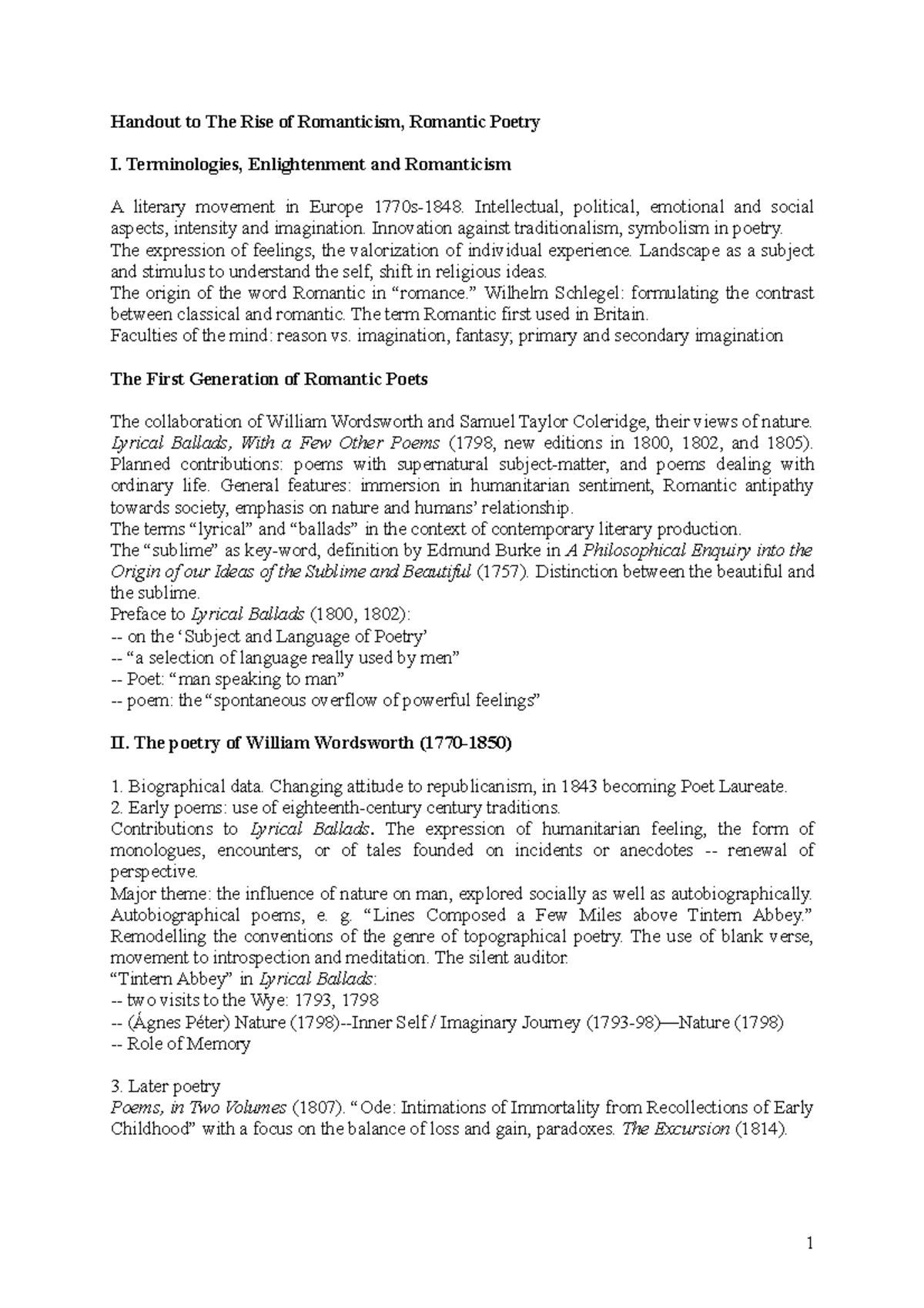 Romantic Poetry - handout 2016 - Handout to The Rise of Romanticism ...