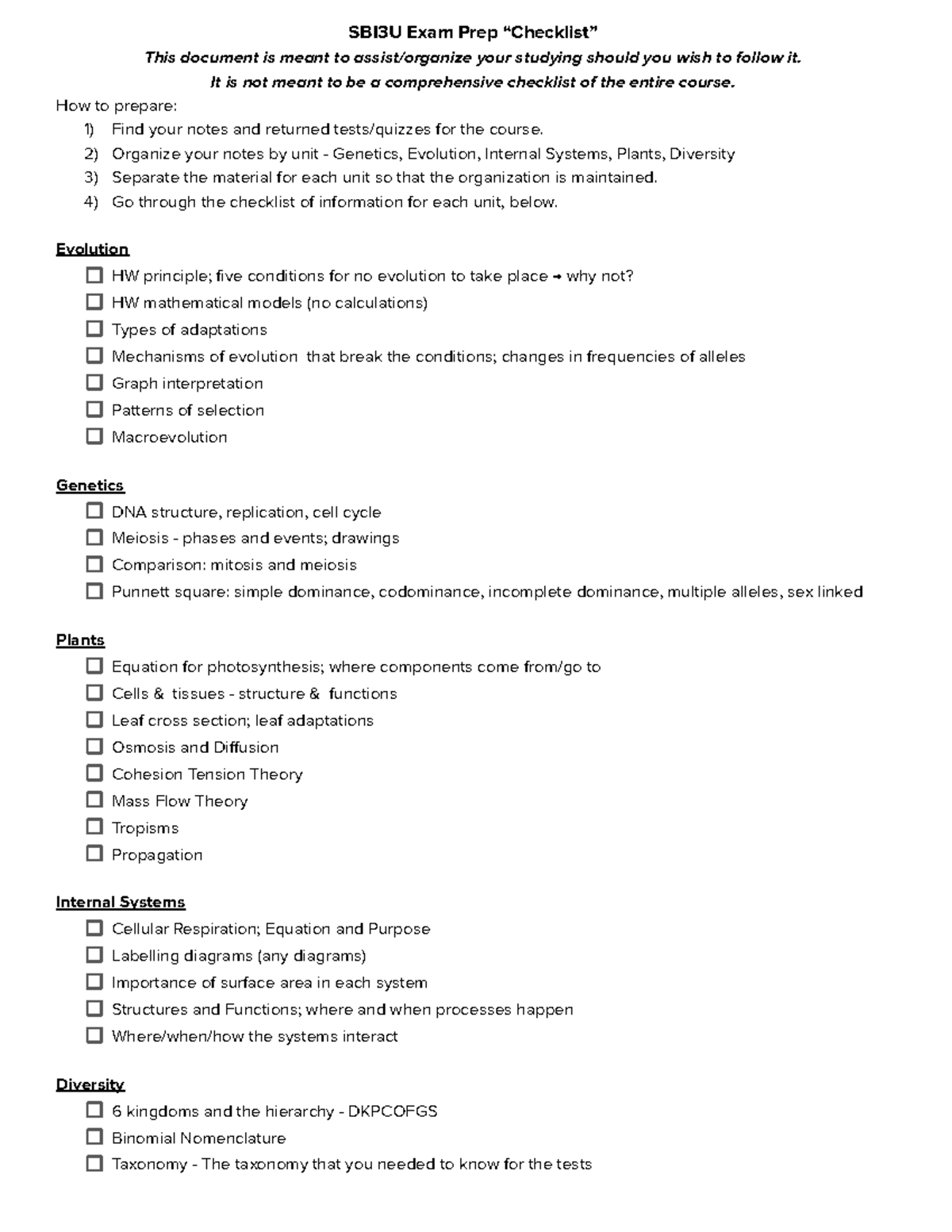 EXAM PREP checklist - SBI3U Exam Prep “Checklist” This document is ...