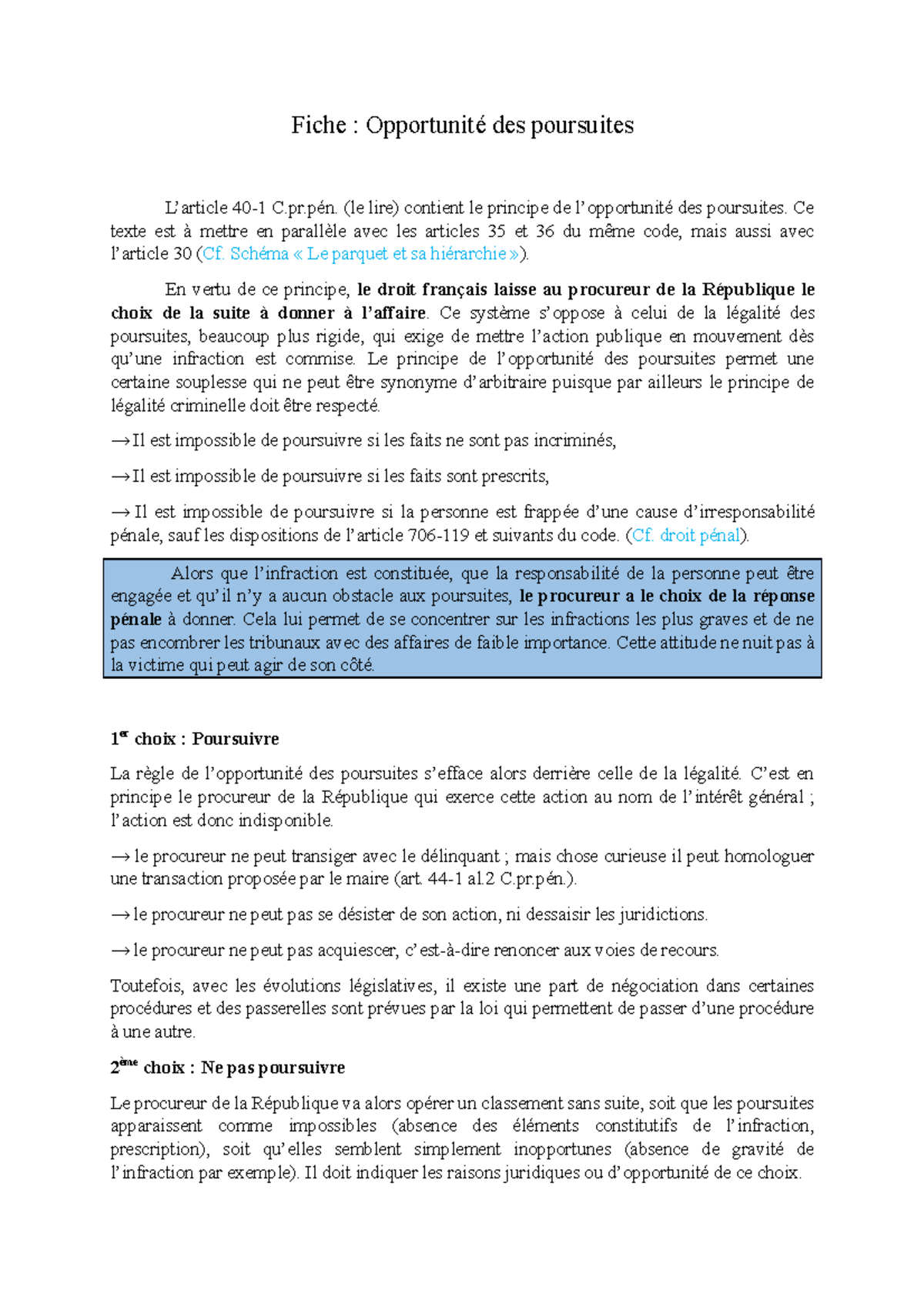 Opportunité des poursuites - Fiche : Opportunité des poursuites L ...