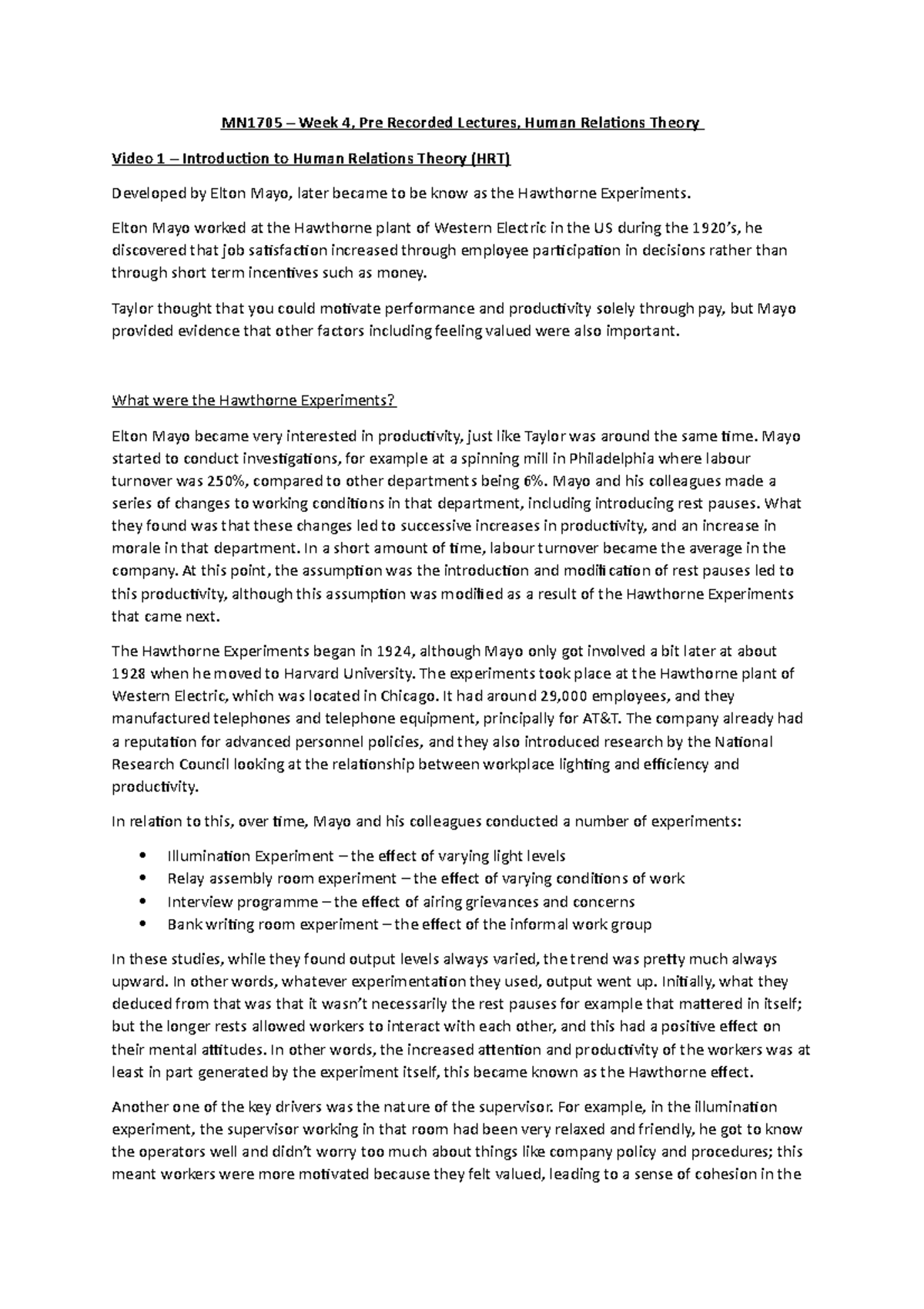 MN1705 – Week 4, Pre Recorded Lectures, Human Relations Theory - MN1705 ...