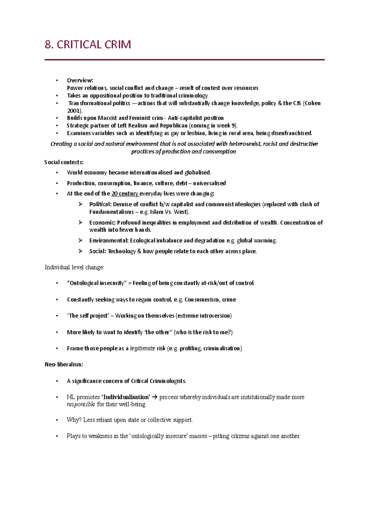 8. critical criminology - 8. CRITICAL CRIM Overview: Power relations ...