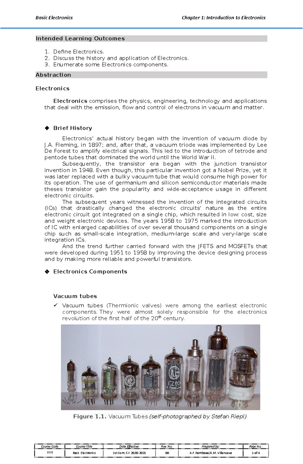 Module 1 Introduction to Electronics - Intended Learning Outcomes Define Electronics. Discuss ...