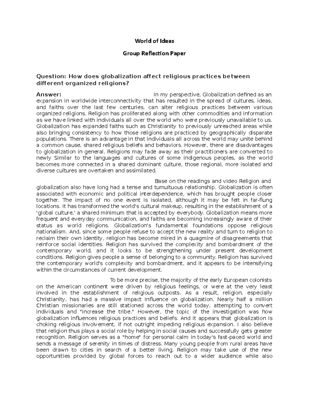 Contemporary World essay Prefinals - World of Ideas Group Reflection ...