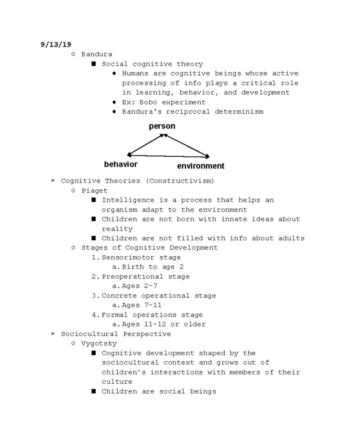 Cognitive Theories of Developmental Psychology - 9/13/ Bandura Social ...