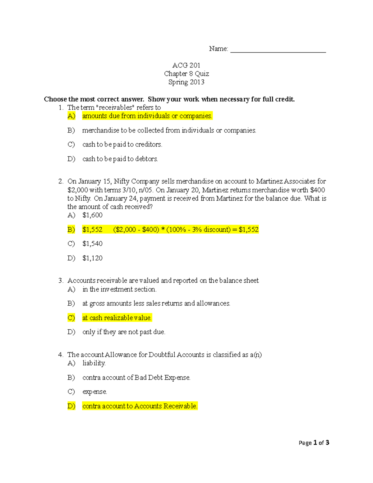 Chapter 8 quiz and answers - Name: __________________________ ACG 201 ...