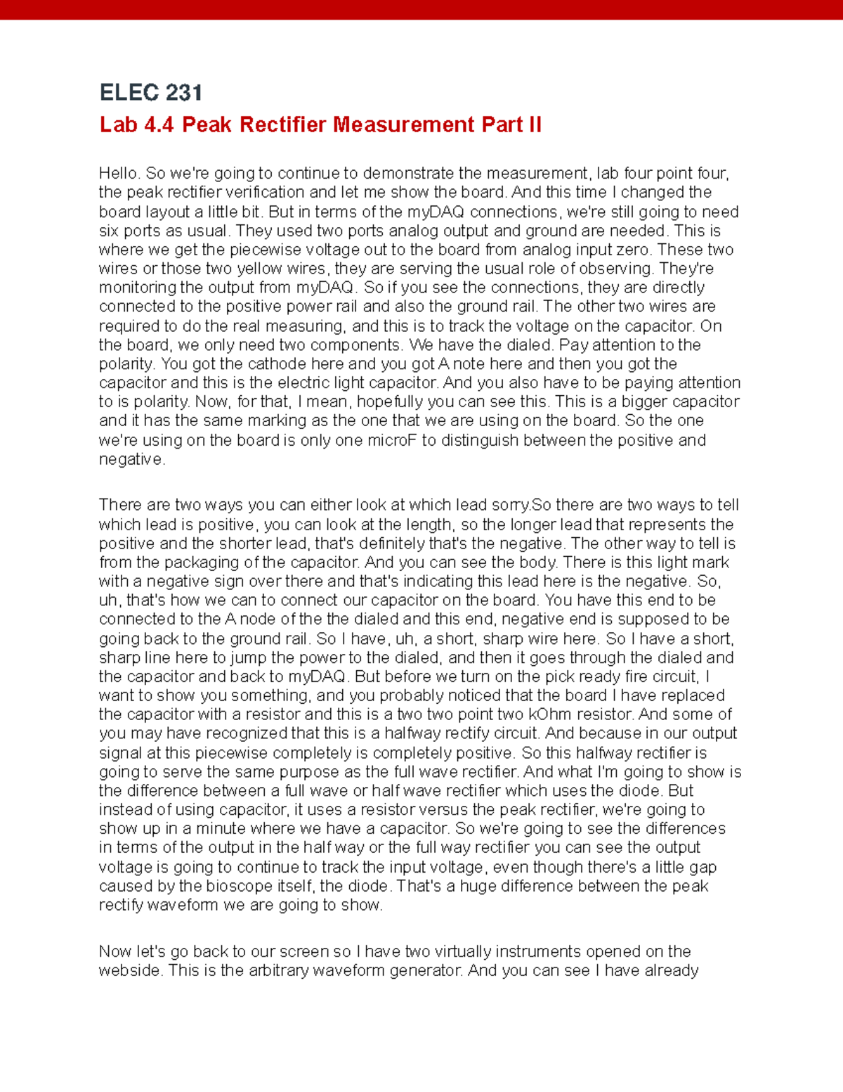 Lab 4.4 Peak Rectifier Measurement Part II - ELEC 231 Lab 4 Peak ...