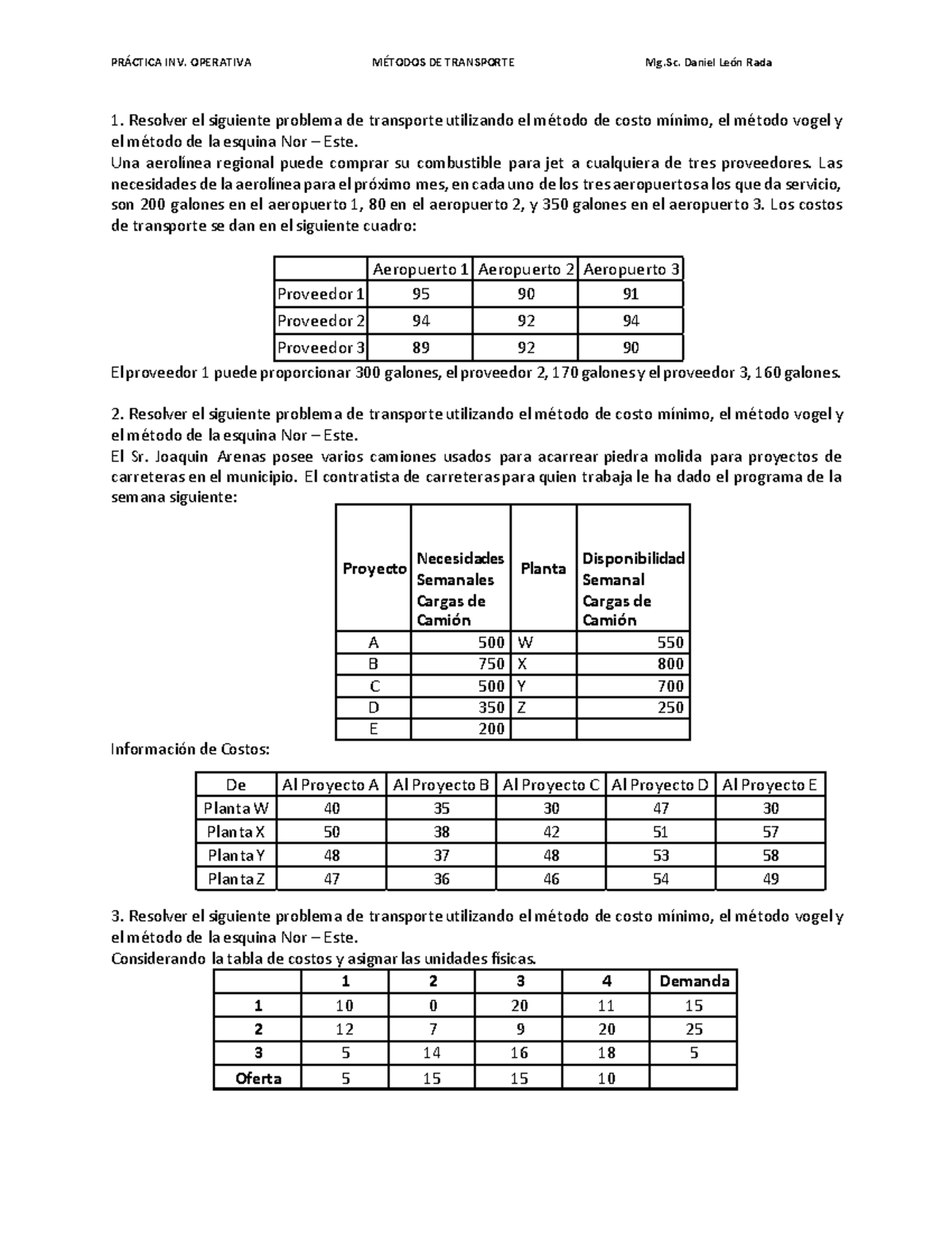 Practica Metodo Transportes - PRÁCTICA INV. OPERATIVA MÉTODOS DE ...