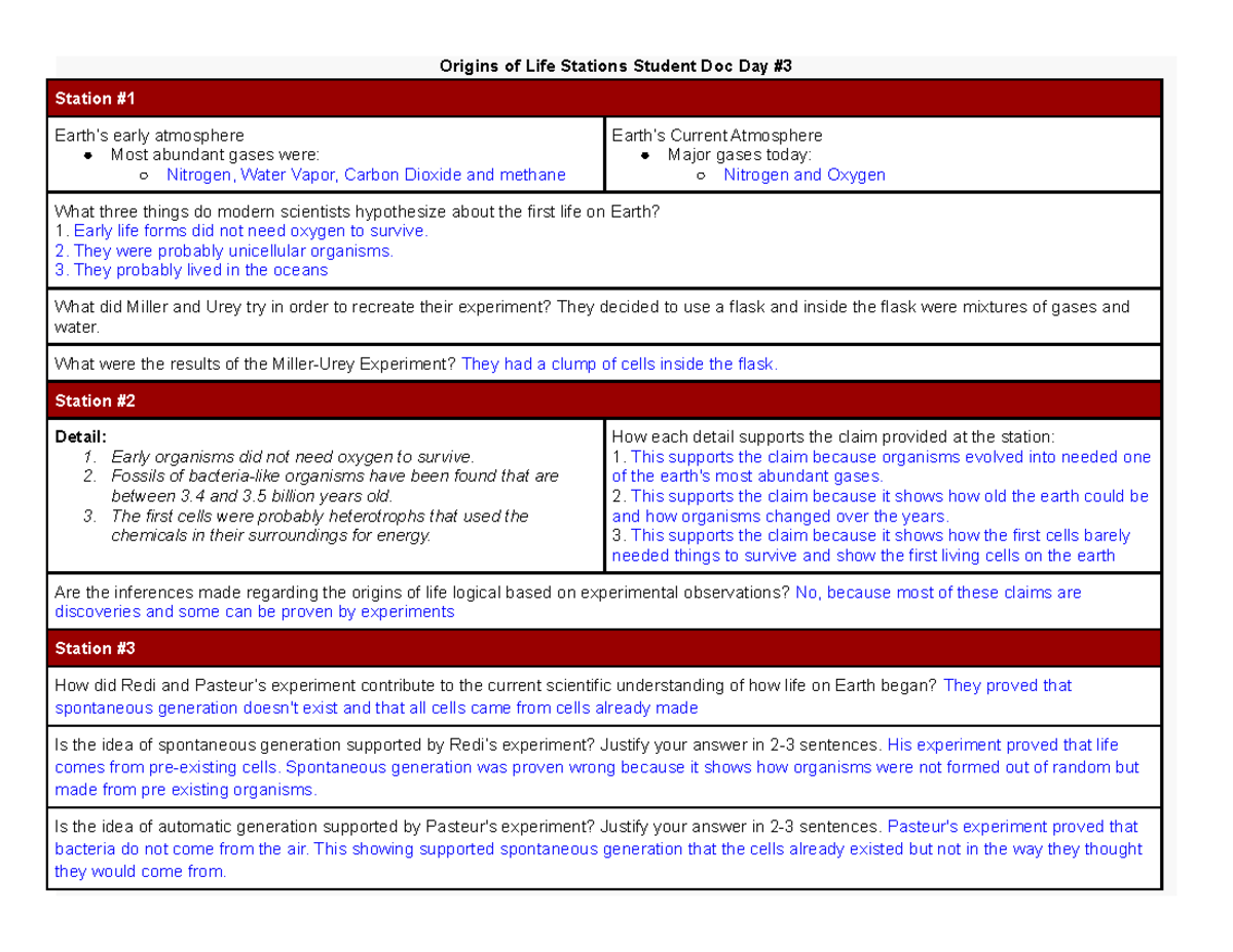 Copy of Origins of Life Stations Student doc Day # - Origins of Life ...